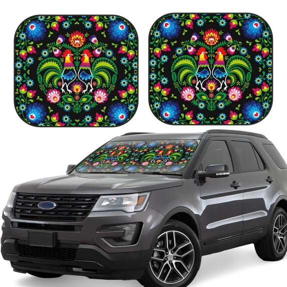 Daiia Roosters and Flowers 2PCS Car Windshield Sun Shade, Foldable Sun ...
