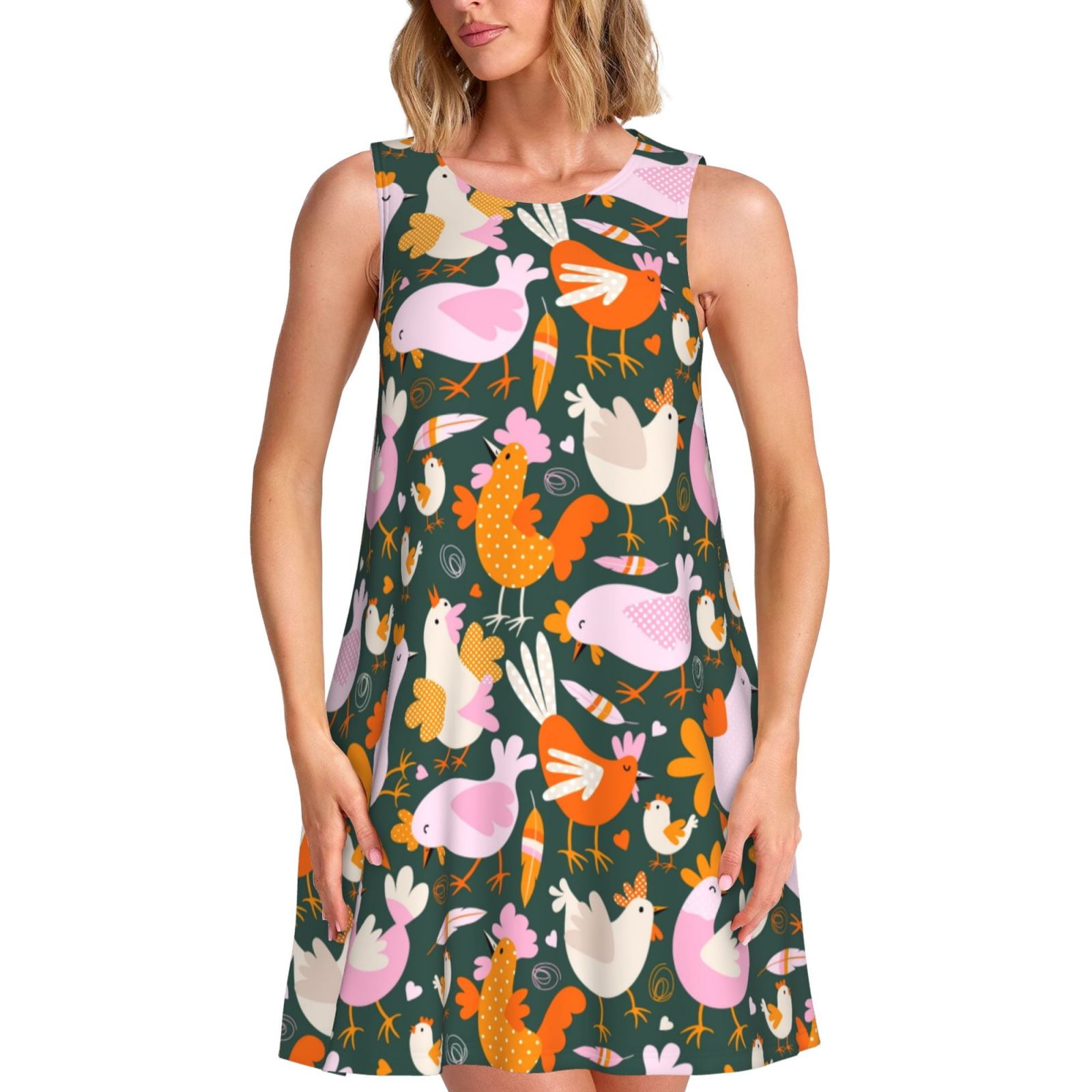 Daiia Roosters and Chicks Print Women's Dresses 2025 Trendy Short ...