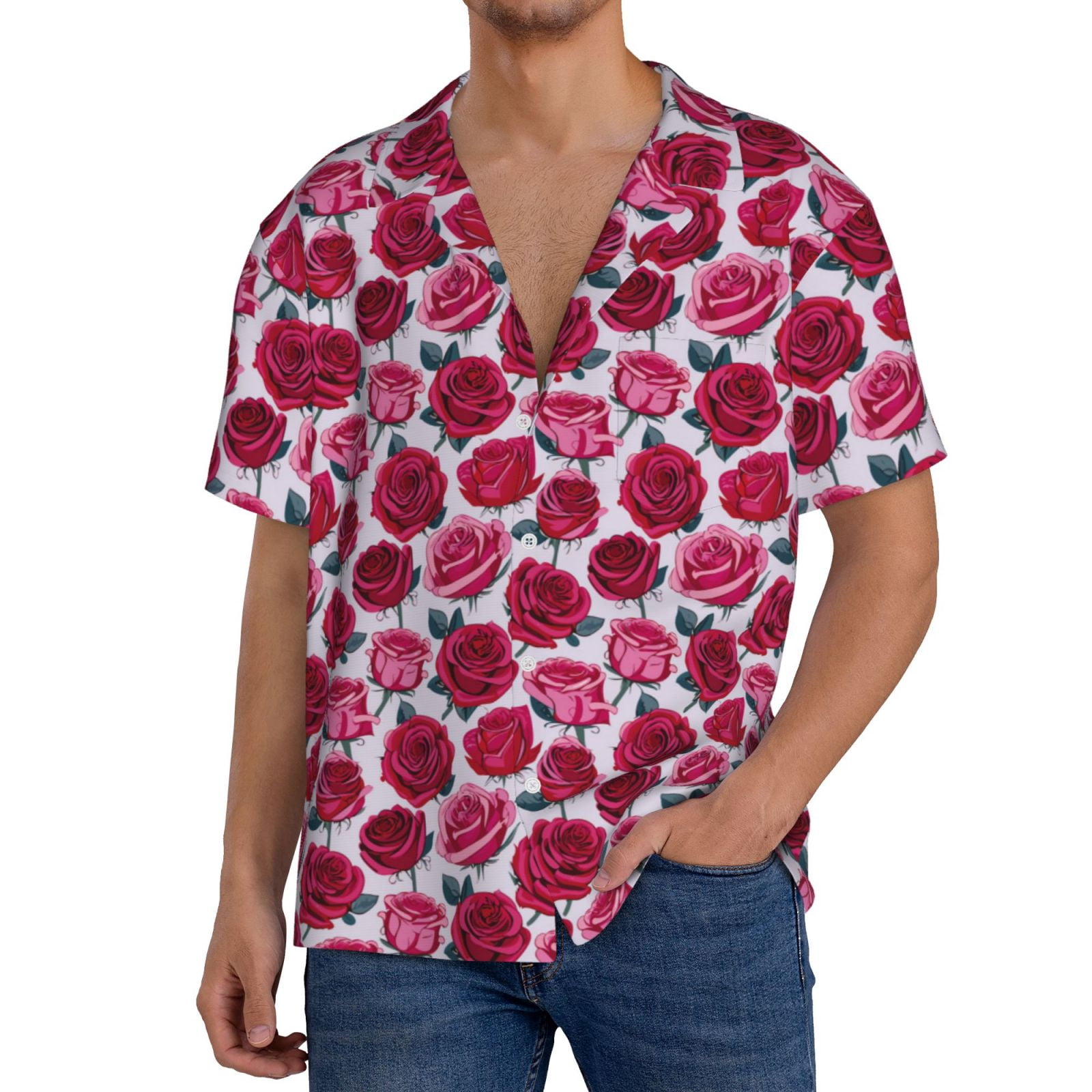 Daiia Rose Flowers Men's Linen Shirts Short Sleeve Casual Shirts Button ...