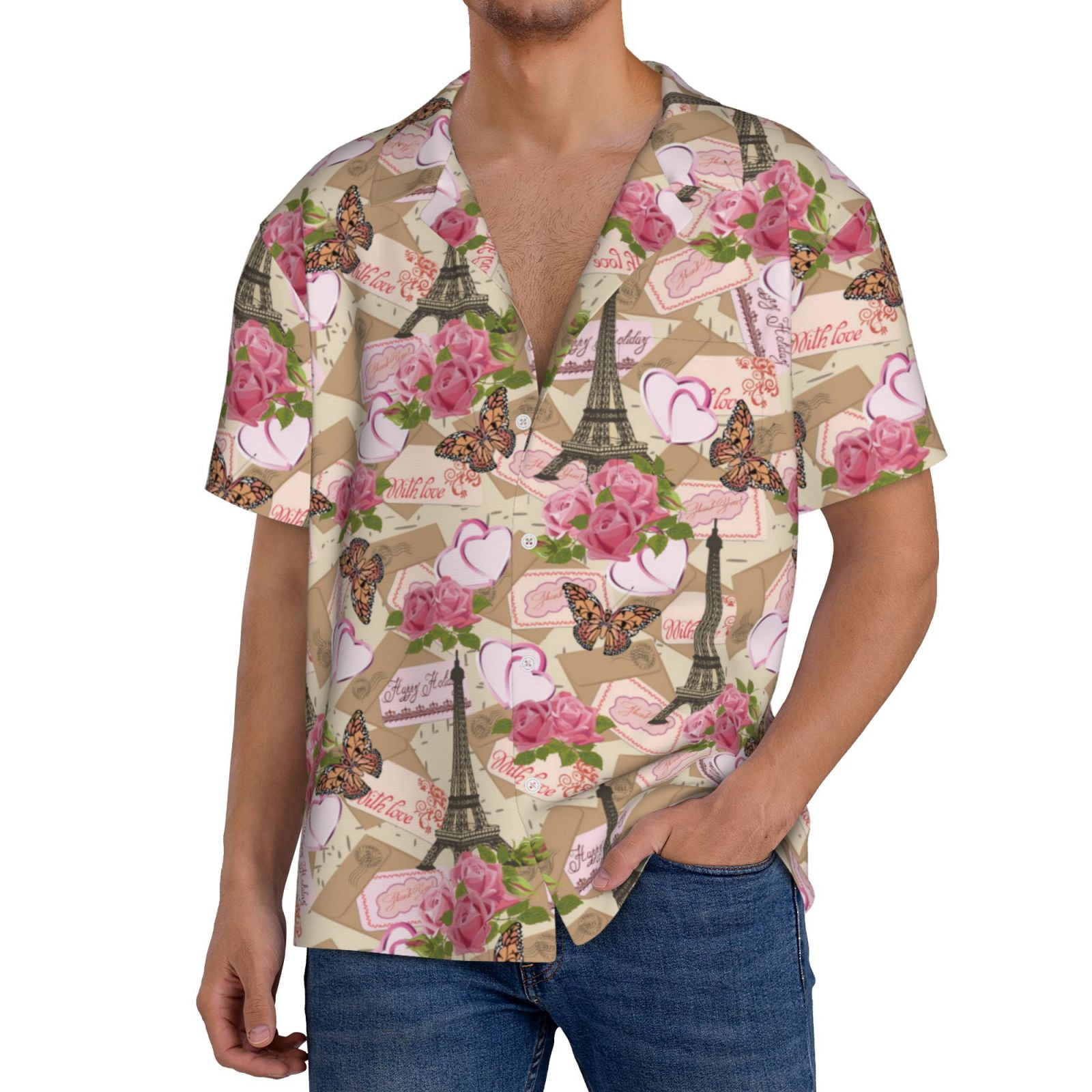 Daiia Rose Flowers Men's Linen Shirts Short Sleeve Casual Shirts Button ...