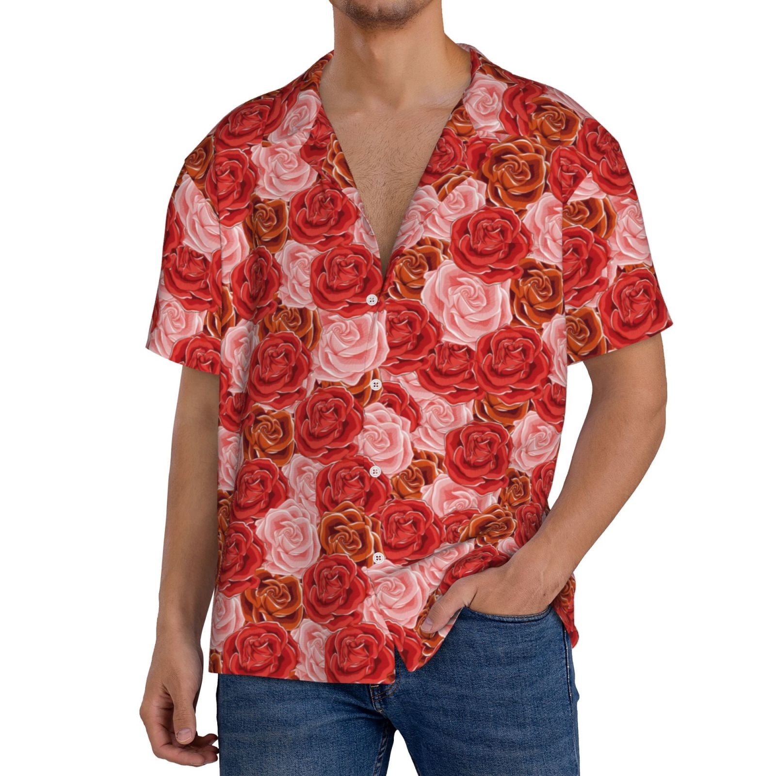 Daiia Rose Flowers Men's Linen Shirts Short Sleeve Casual Shirts Button ...