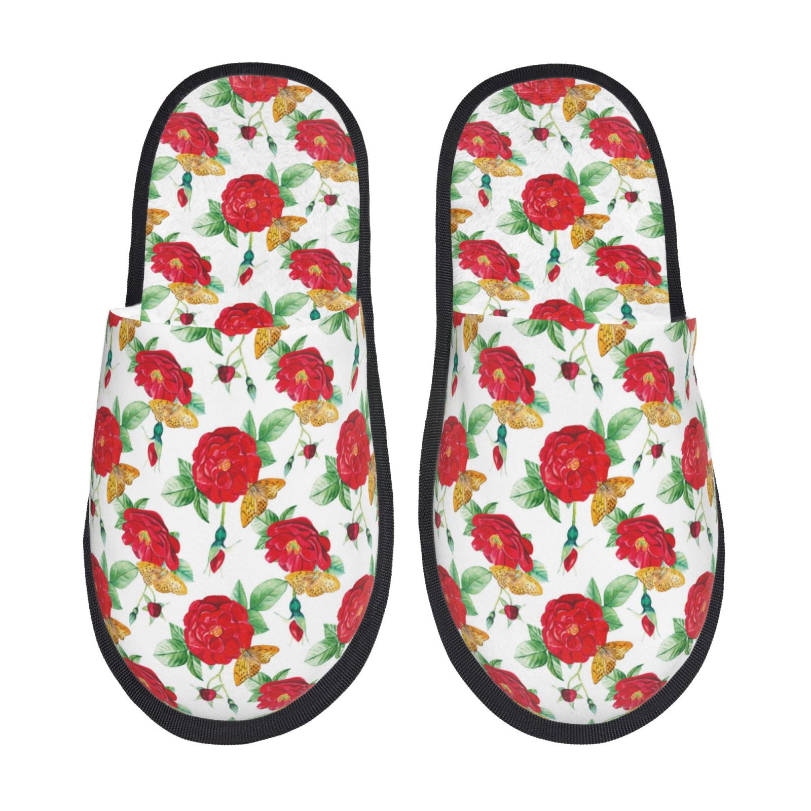 Daiia Rose Flowers Pattern Furry Slippers for Women and Men, Soft Plush ...