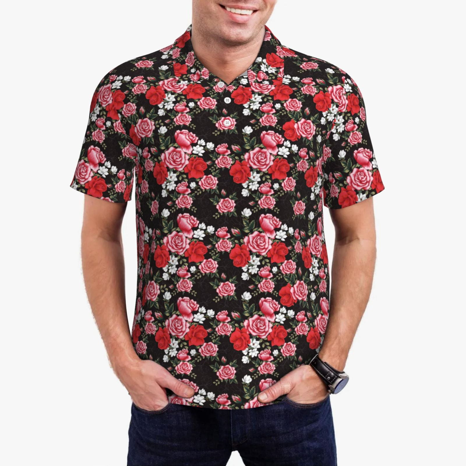 Daiia Rose Flowers Pattern Men’s Polo Shirts,Solid Deck Shirt,Classic ...