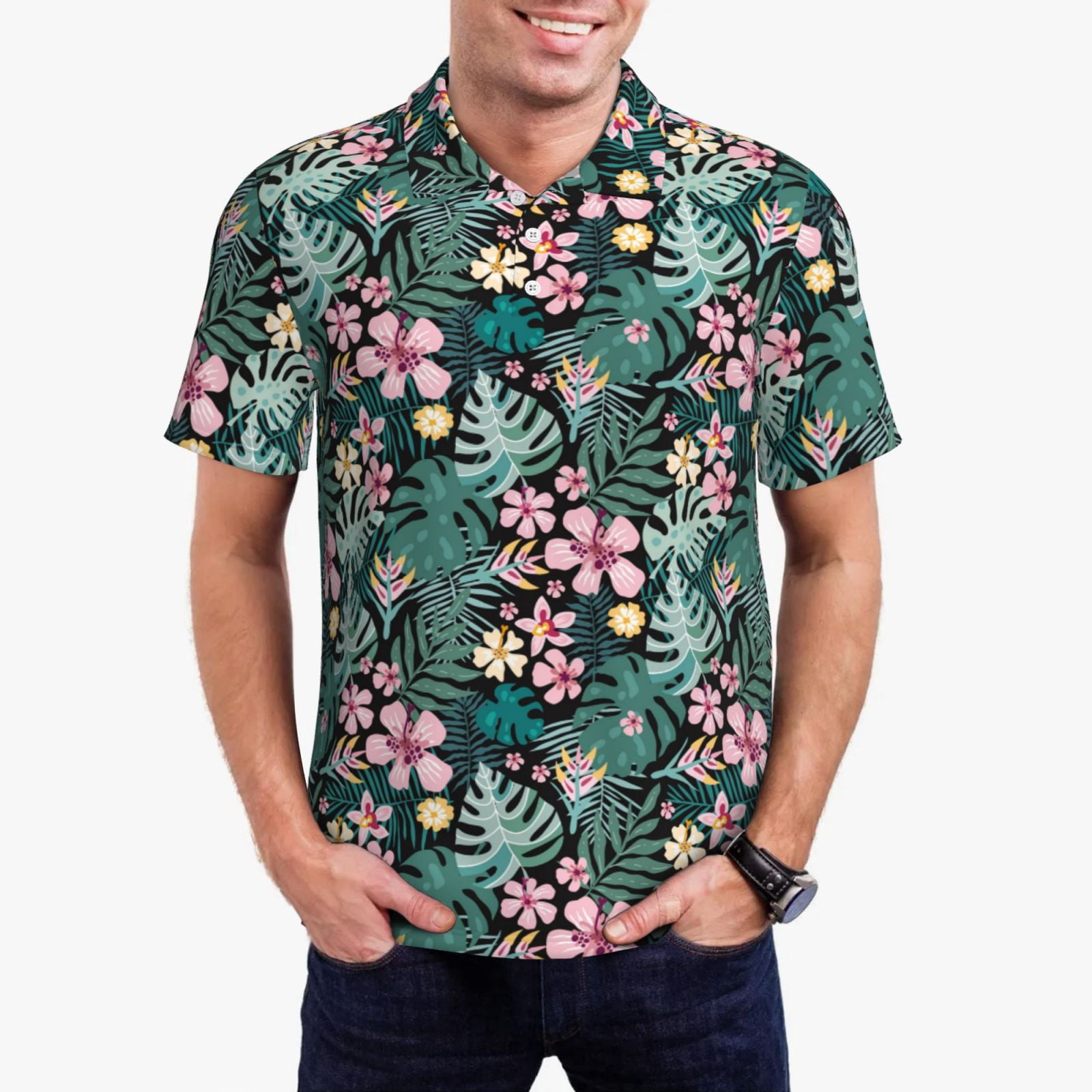 Daiia Rose Flowers Pattern Men’s Polo Shirts,Solid Deck Shirt,Classic ...