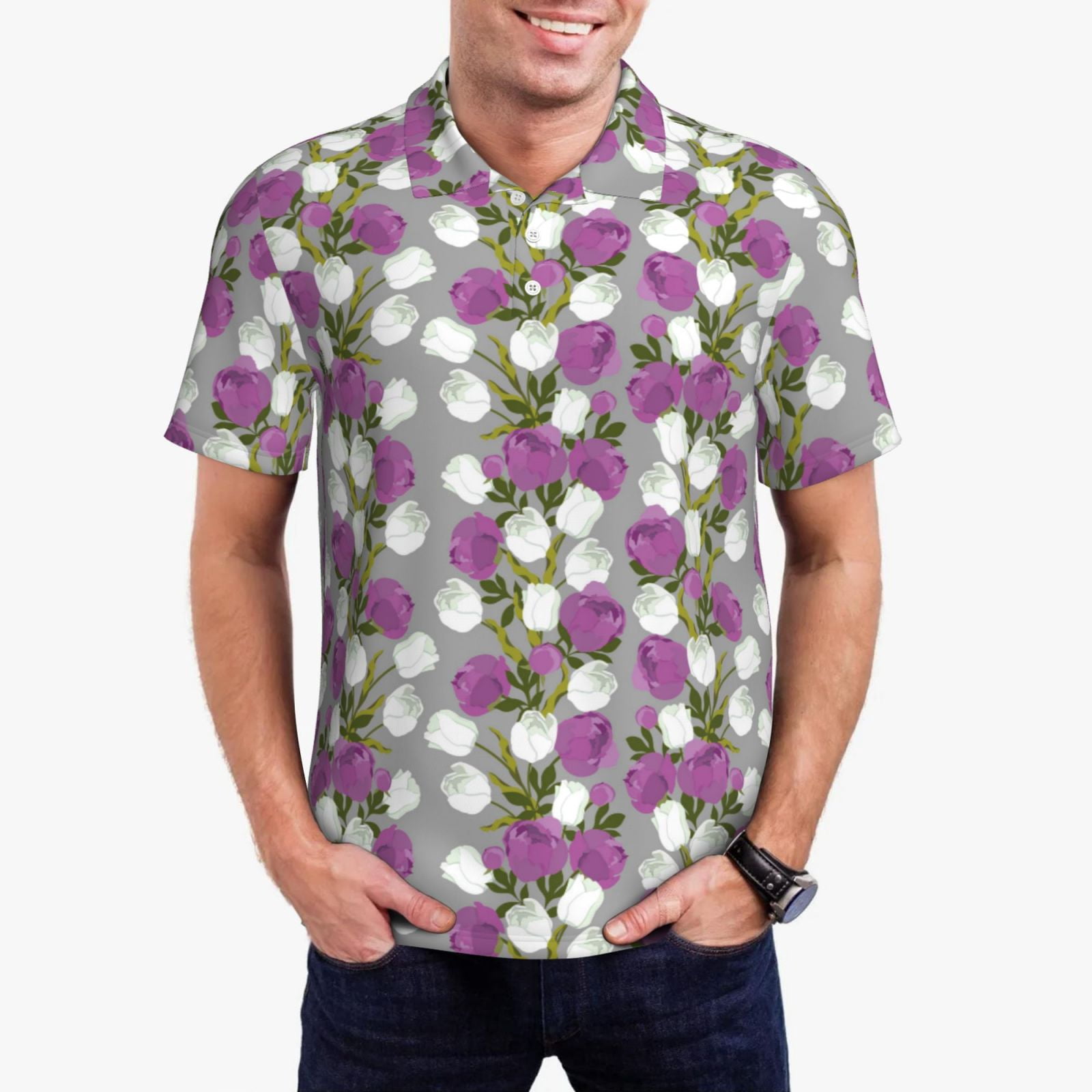 Daiia Rose Flowers Pattern Men’s Polo Shirts,Solid Deck Shirt,Classic ...