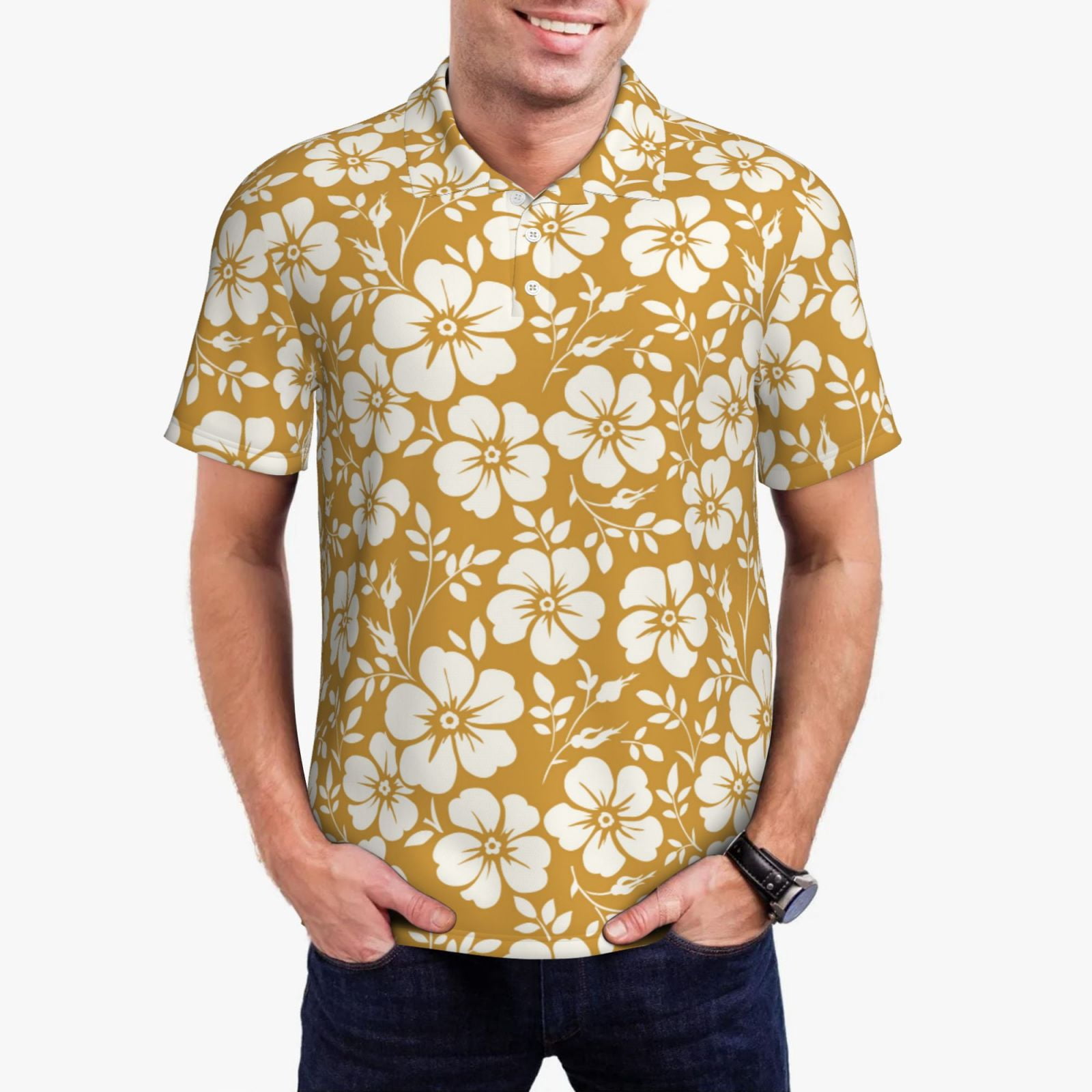 Daiia Rose Flowers Pattern Men’s Polo Shirts,Solid Deck Shirt,Classic ...
