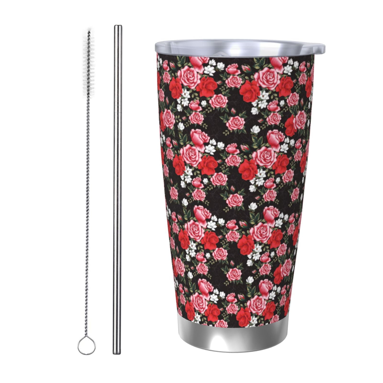 Daiia Rose Flowers Printed 20oz Insulated Coffee Cup with Straw Topper ...
