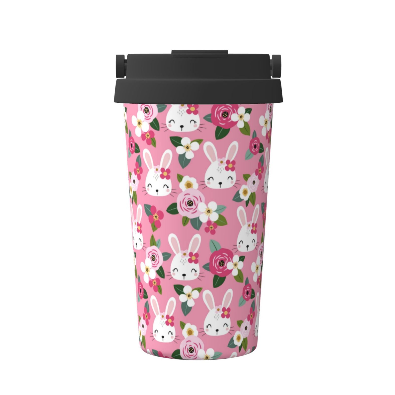 Daiia Rose Rabbit Printed Stainless Steel Tumbler with Lid and Straw ...