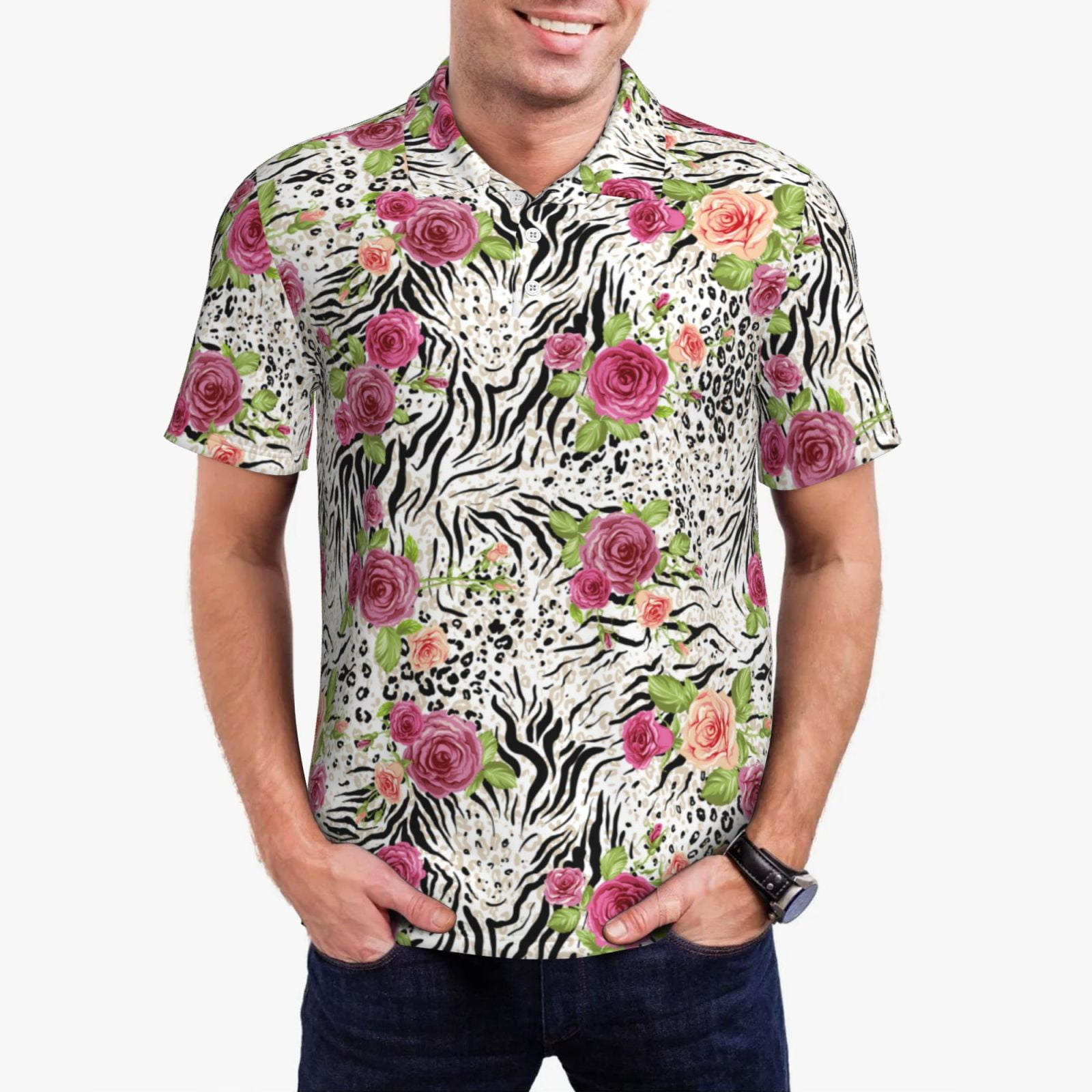 Daiia Roses Mixed Zebra Pattern Men’s Polo Shirts,Solid Deck Shirt ...