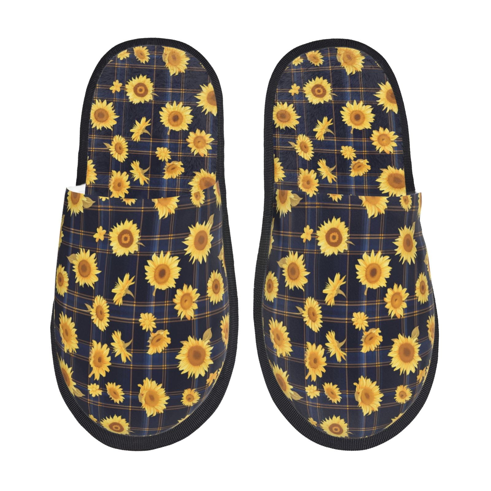 Daiia Royal Blue Plaid Sunflower Pattern Furry Slippers for Women and ...