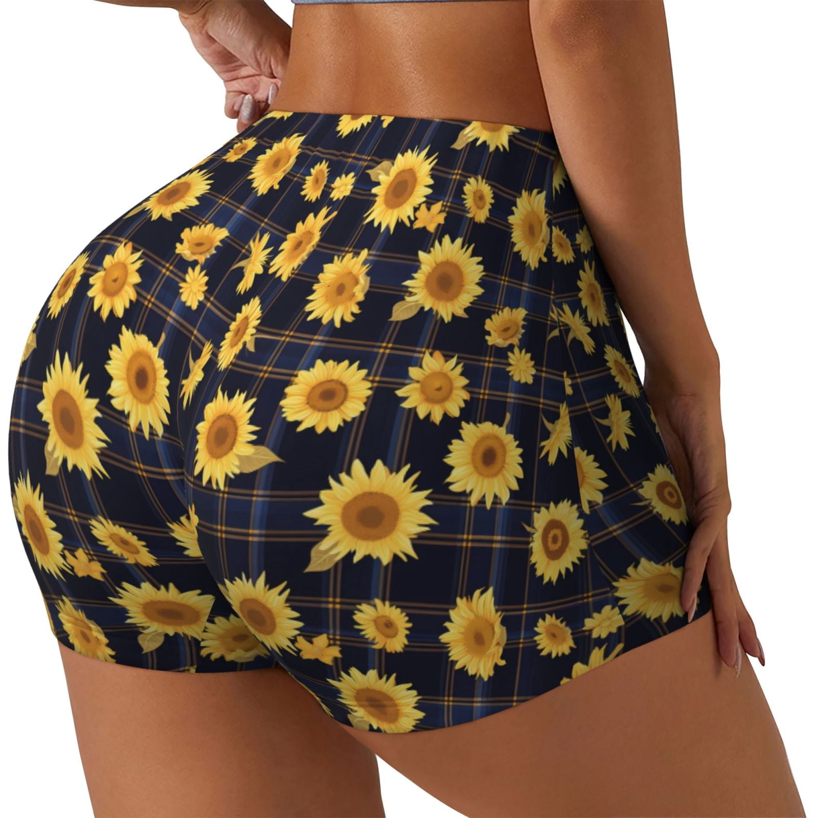 Daiia Royal Blue Plaid Sunflower Pattern Women's Workout Shorts Biker ...