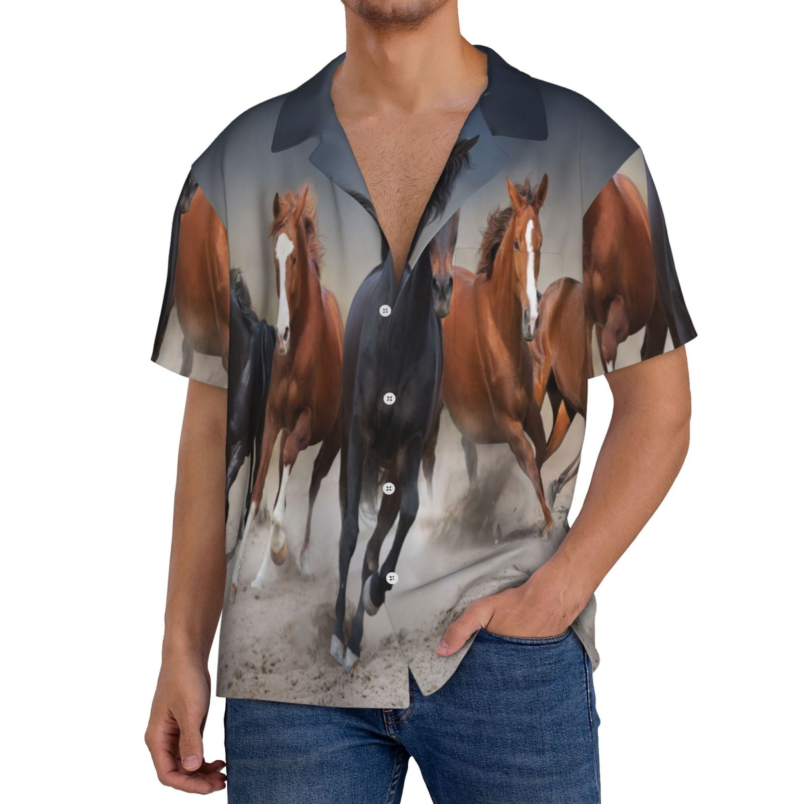 Daiia Running Horses Pattern Men's Linen Shirts Short Sleeve Casual Shirts Button Down Shirt for ...
