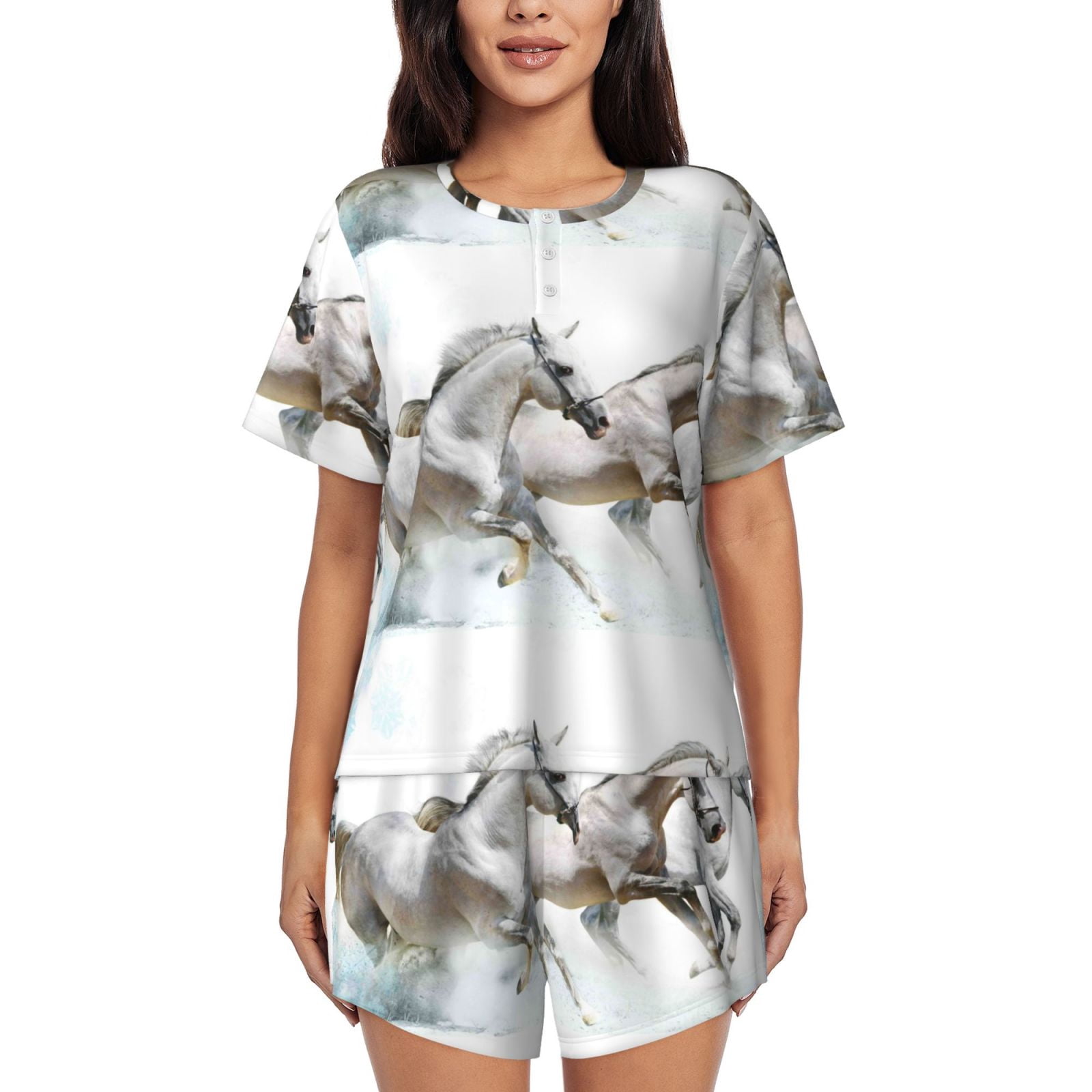 Daiia Running White Horses Pattern Womens Pajama Sets Short Sleeve ...