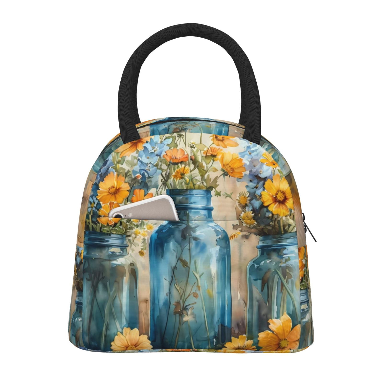 Daiia Rustic Blue Vase Blossoms Pattern Lunch Bag , Insulated Lunch Box ...