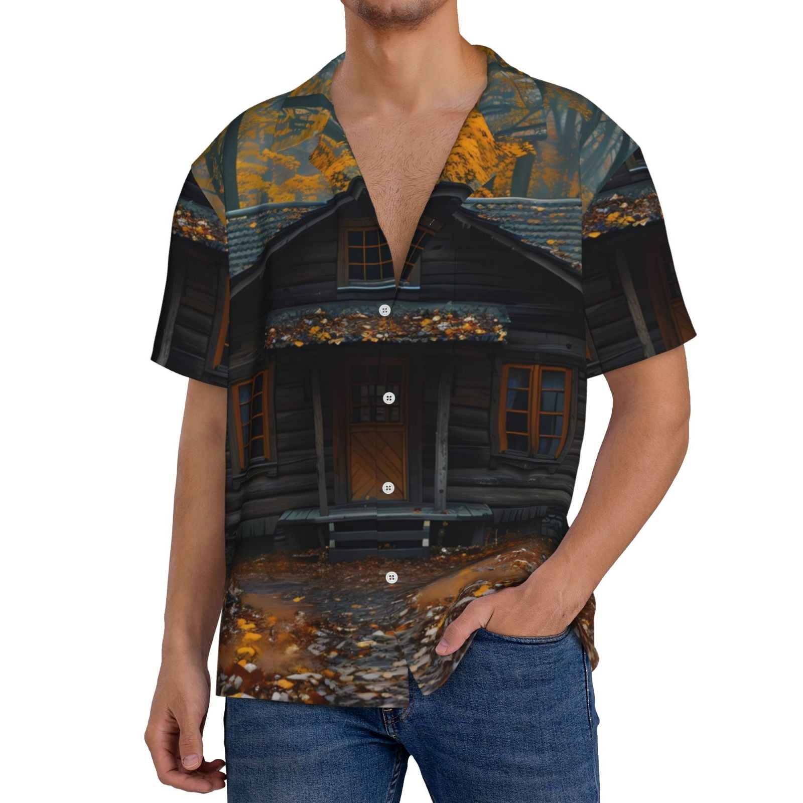 Daiia Rustic Cabin Autumn Forest Men's Linen Shirts Short Sleeve Casual ...