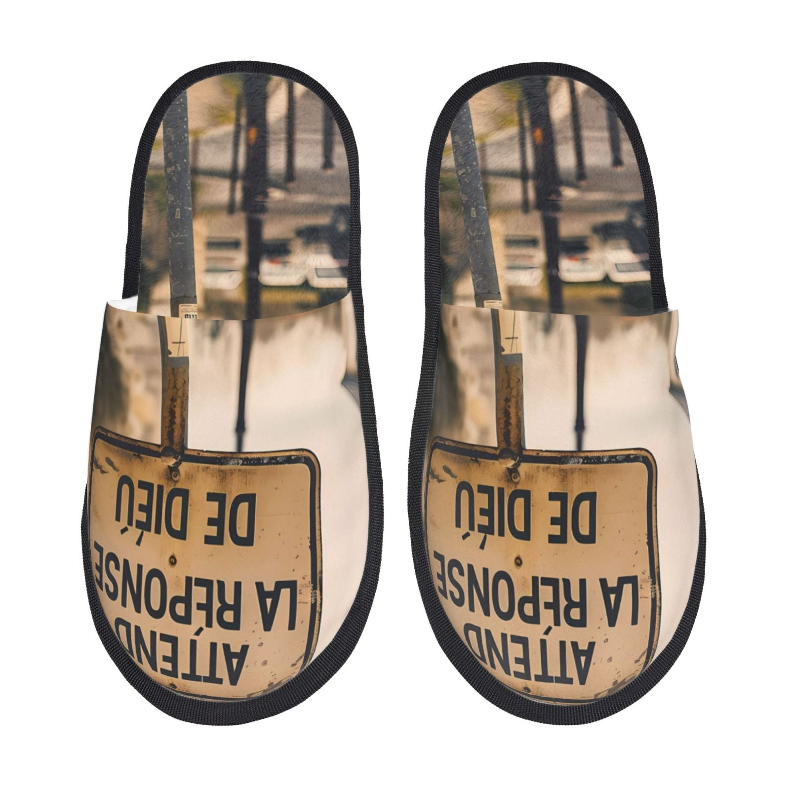 Daiia Rustic French Signpost Pattern Furry Slippers for Women and Men ...