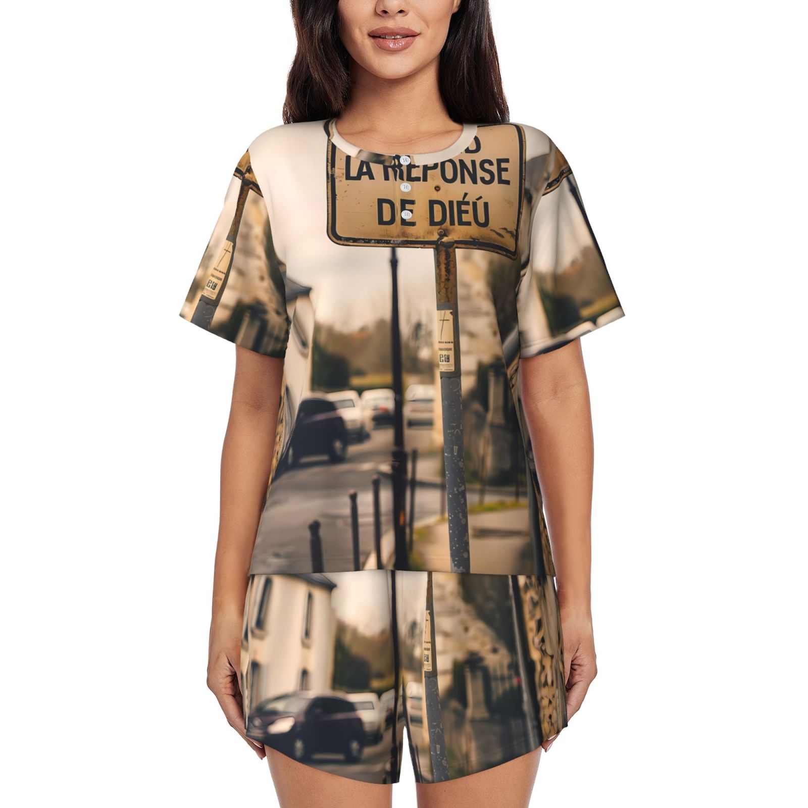 Daiia Rustic French Signpost Pattern Womens Pajama Sets Short Sleeve ...