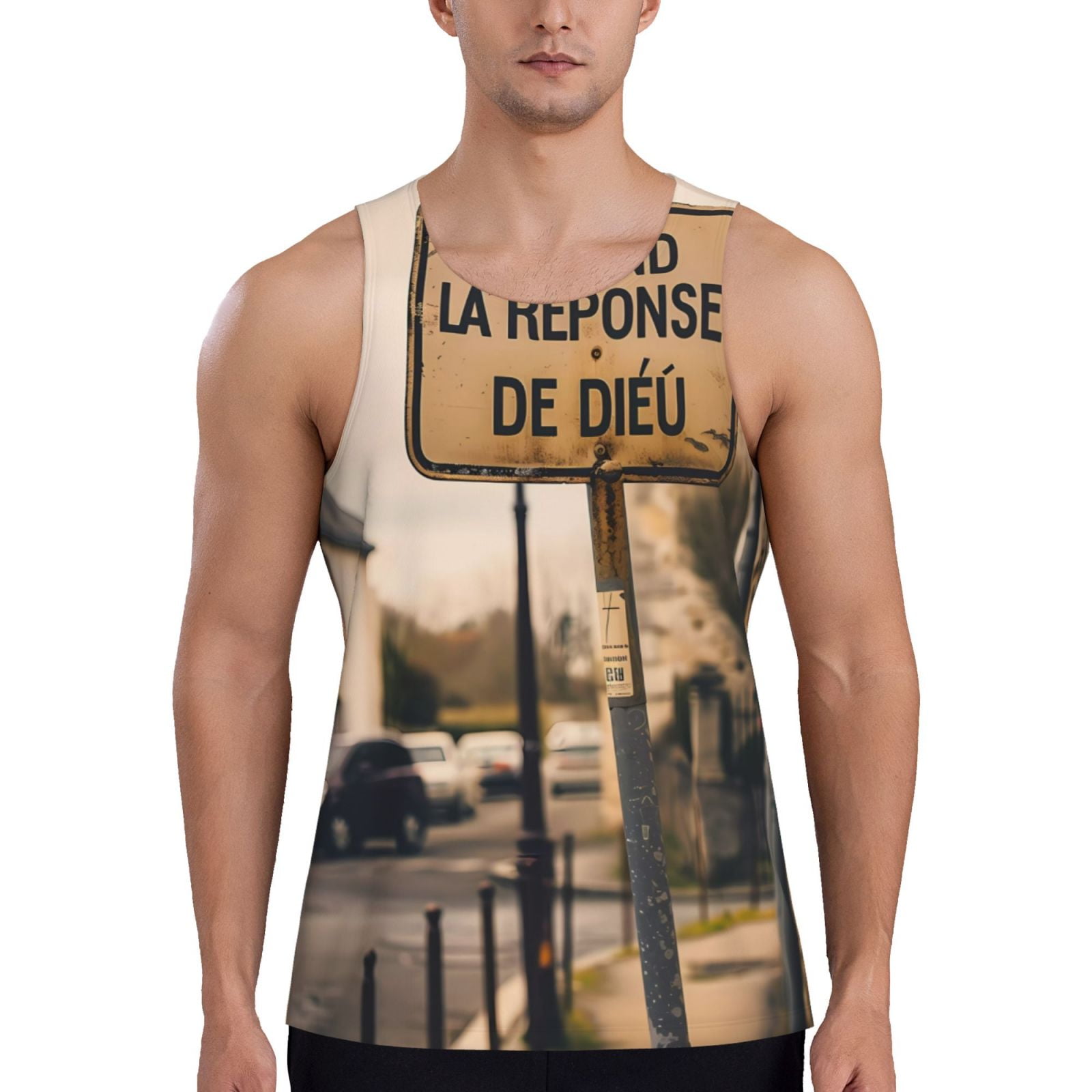 Daiia Rustic French Signpost Printed Men's Quick Dry Fit Muscle Tank ...
