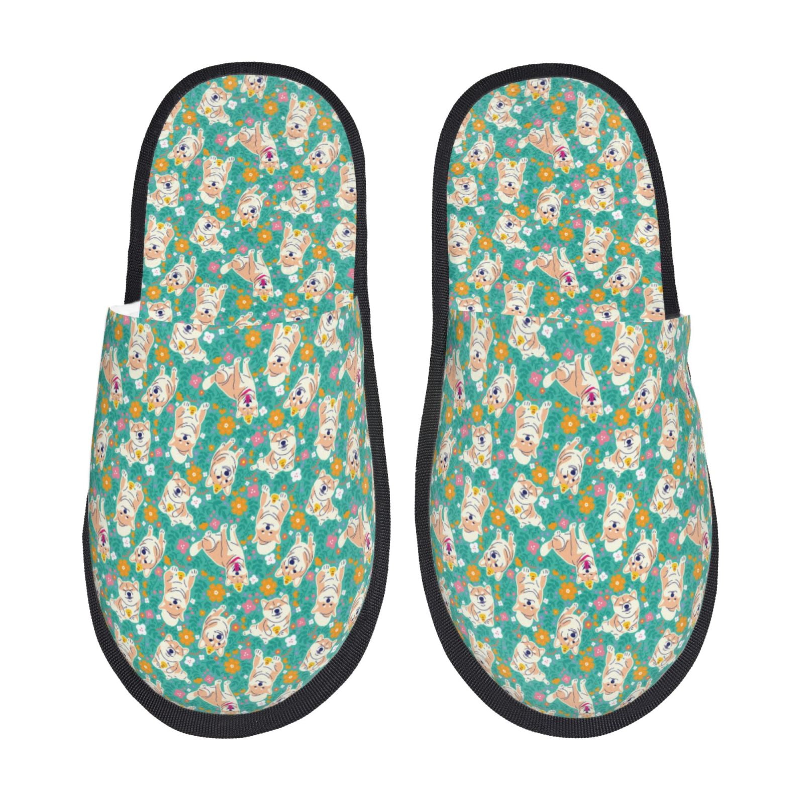 Daiia SHIBA WITH FLORAL Pattern Furry Slippers for Women and Men, Soft ...