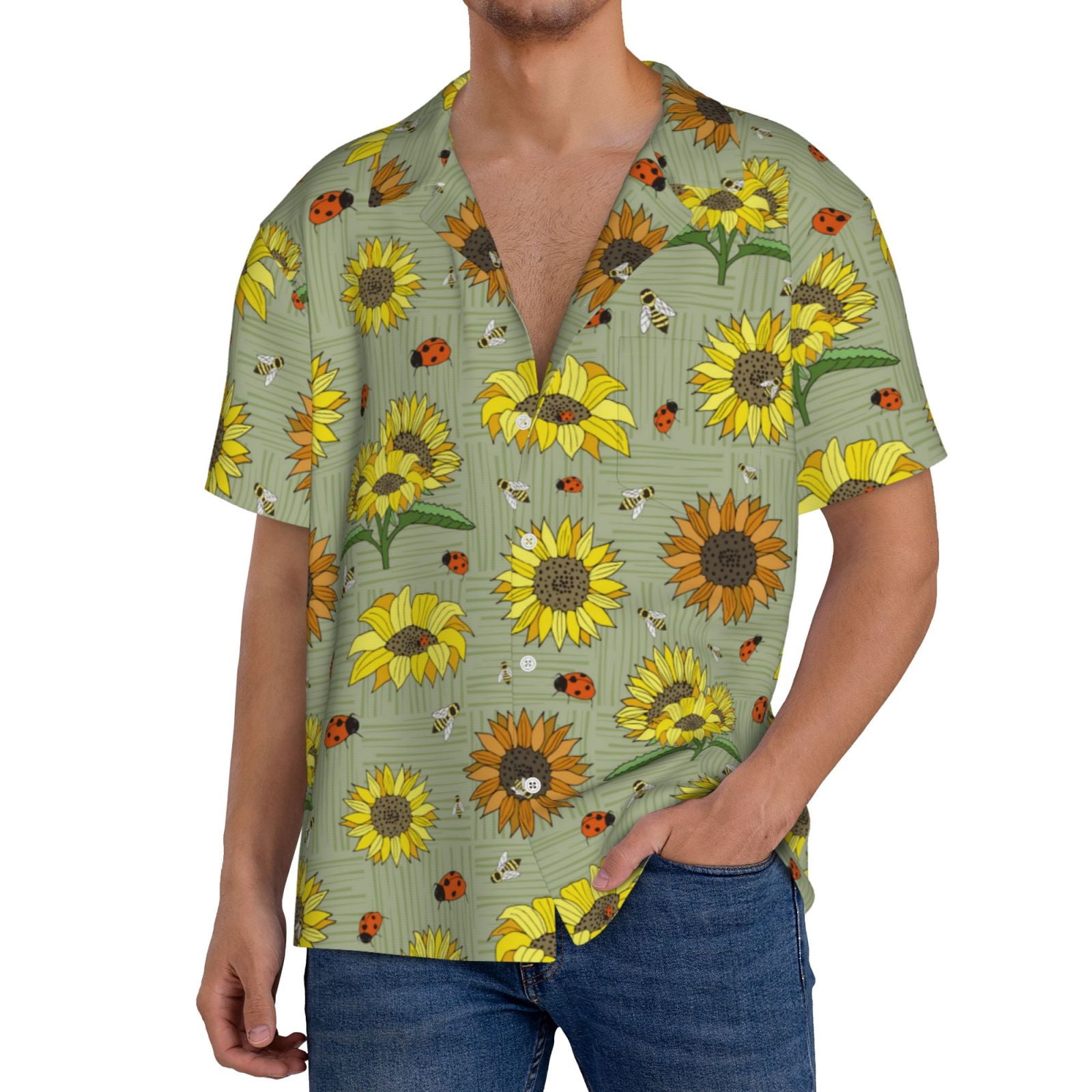Daiia Sage Green With Sunflowers Men's Linen Shirts Short Sleeve Casual ...