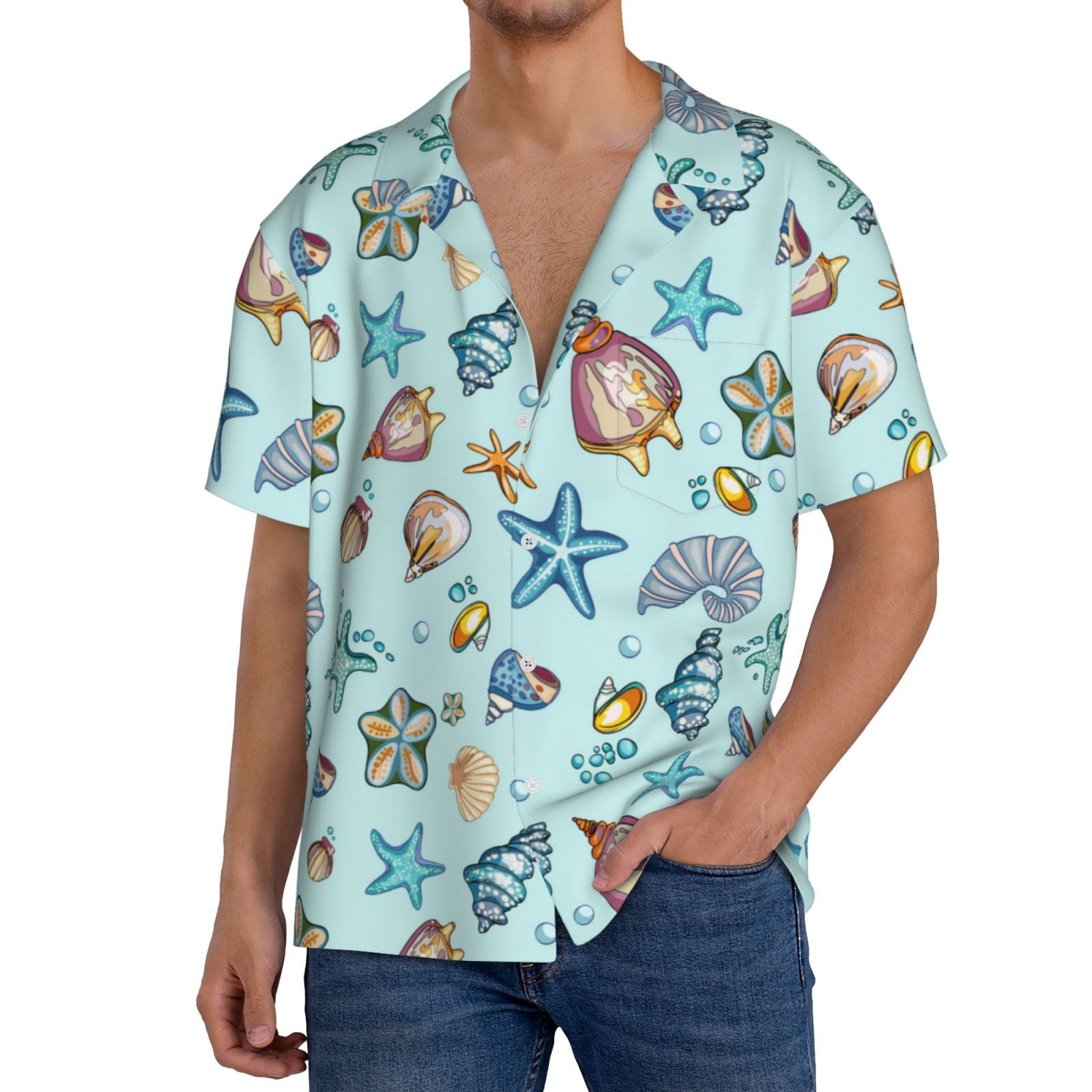 Daiia Sea Shells 2 Men's Linen Shirts Short Sleeve Casual Shirts Button ...