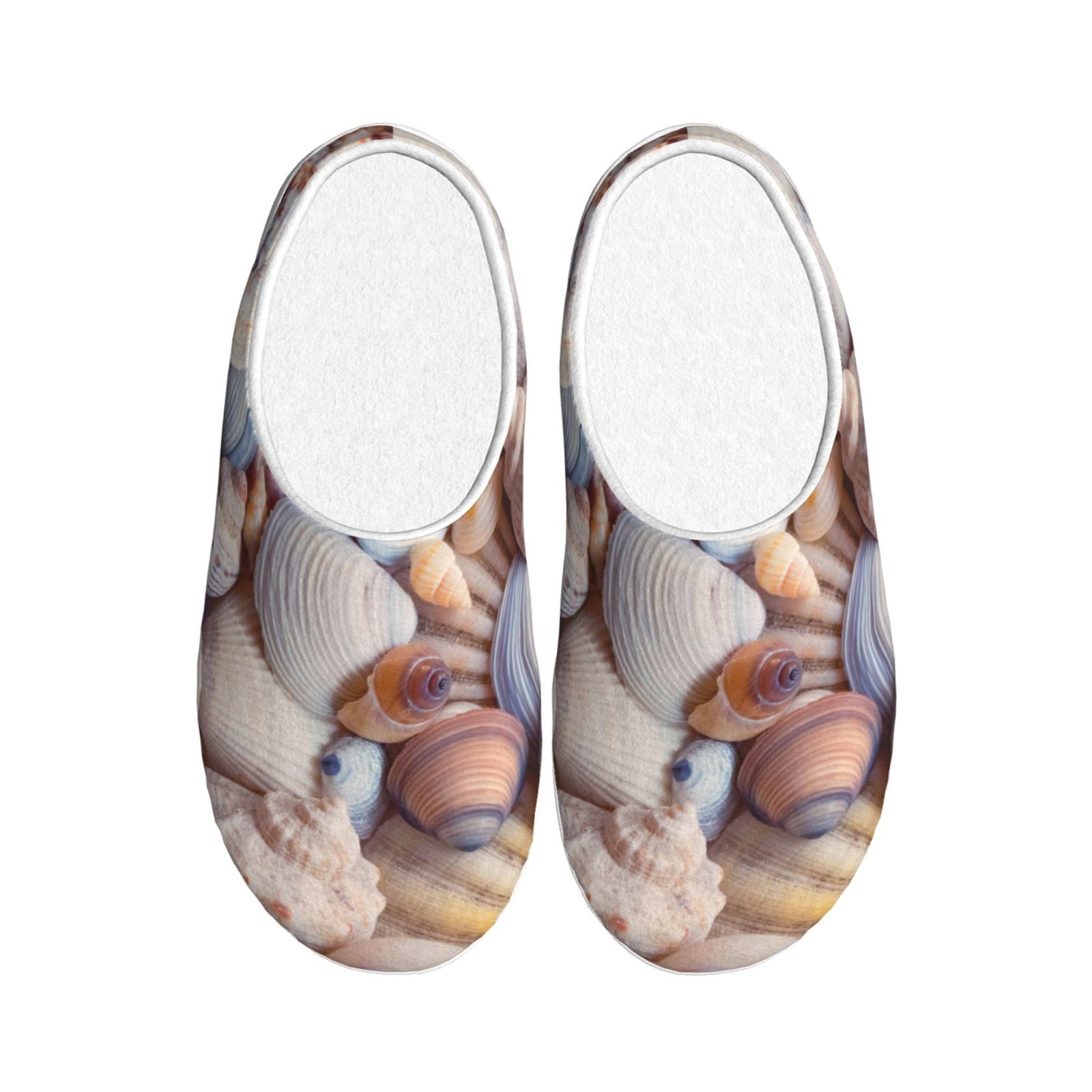 Daiia Sea Shells Print Women’s Fuzzy Slippers Memory Foam Lightweight ...