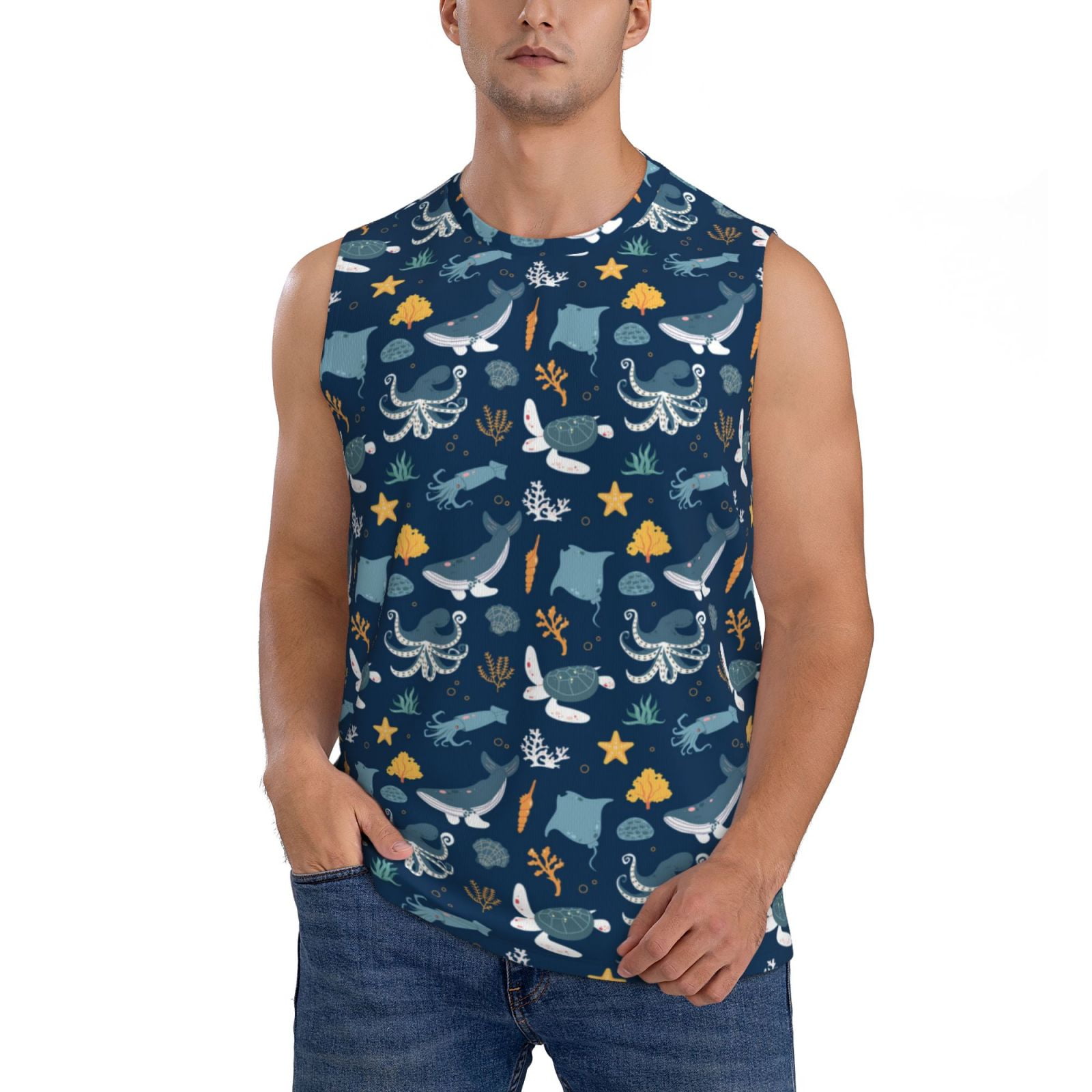 Daiia Sea Turtle Printed Men's Tank Tops,Casual Soft Sleeveless Gym ...