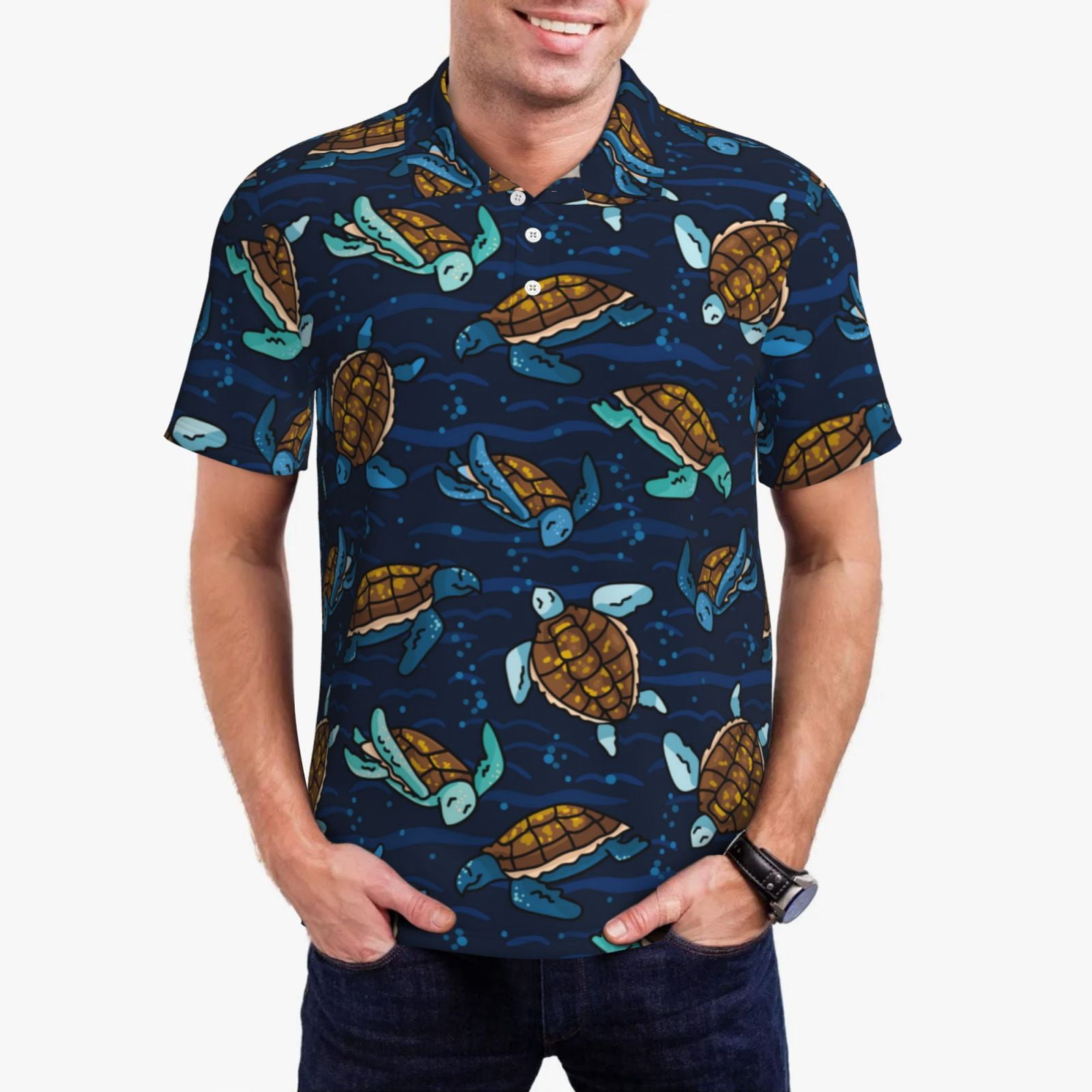 Daiia Sea Turtles Swimming Pattern Men’s Polo Shirts,Solid Deck Shirt ...