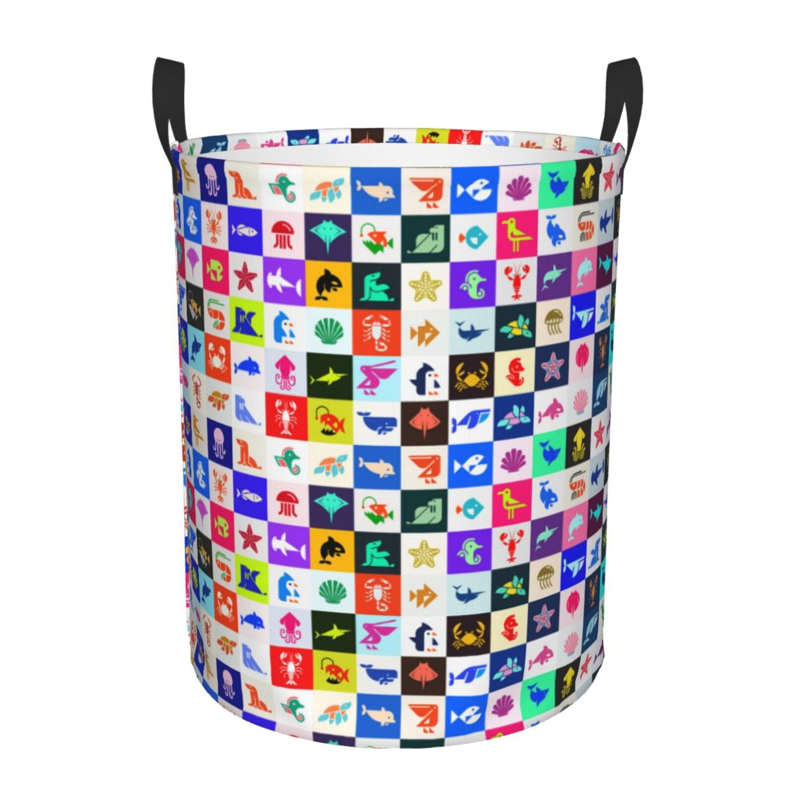 Daiia Sea animals Collage Pattern Round Laundry Basket with Handles ...