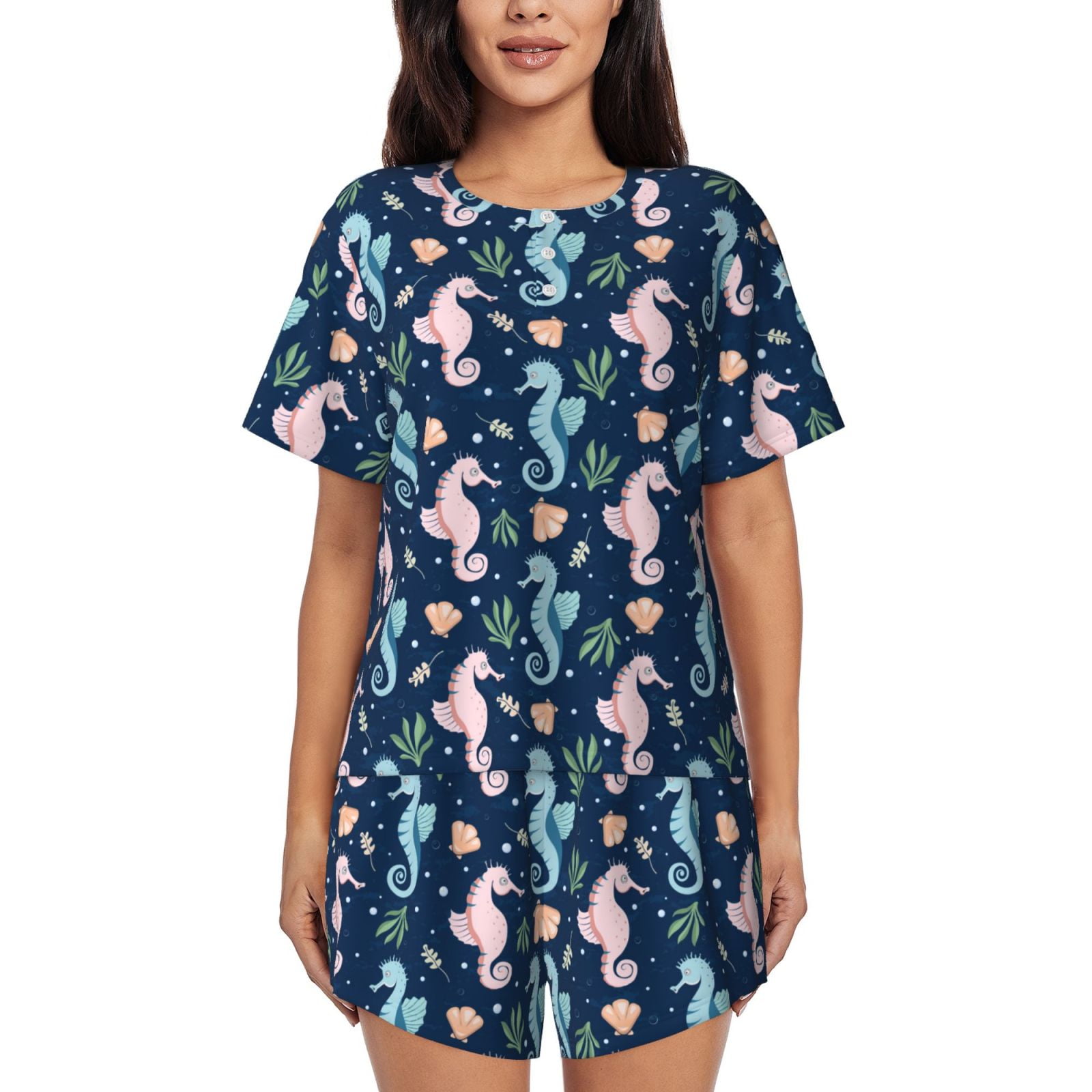 Daiia Seahorses And Plants Pattern Womens Pajama Sets Short Sleeve ...