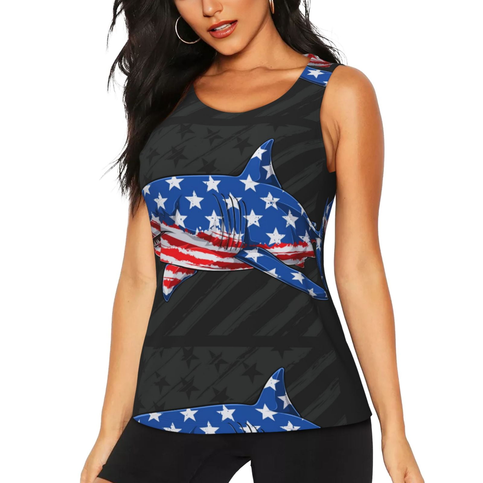 Daiia Shark With USA Flag Printed Womens Workout Tops for Women Quick ...