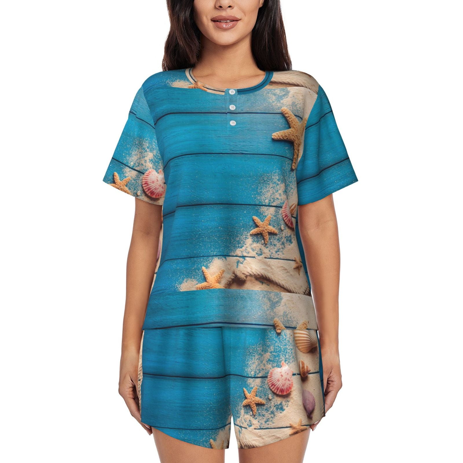 Daiia Shells and Starfish Pattern Womens Pajama Sets Short Sleeve ...
