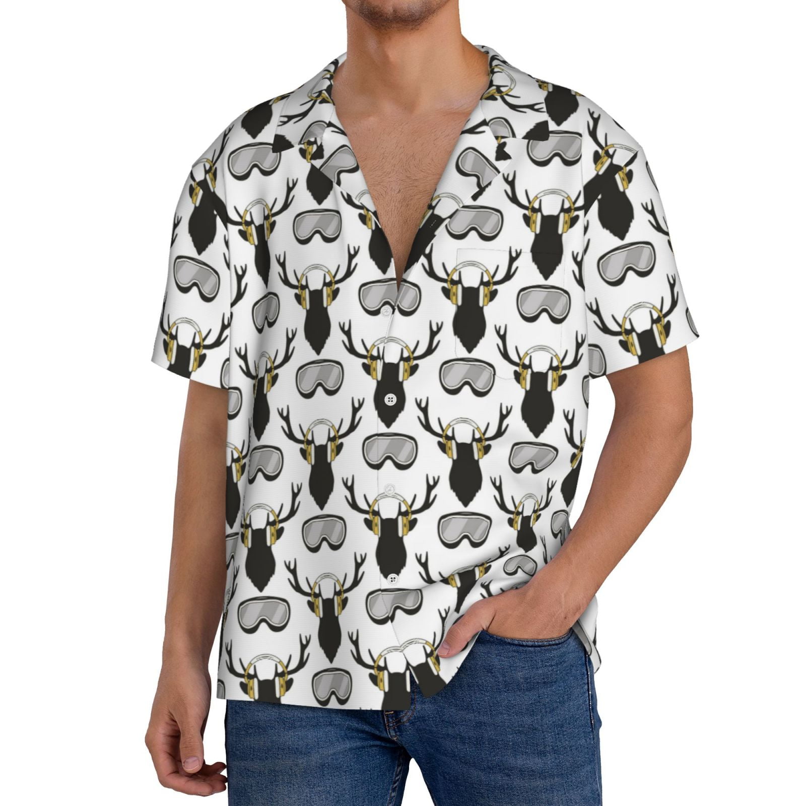 Daiia Ski Goggles Moose Music Picture Men's Linen Shirts Short Sleeve ...