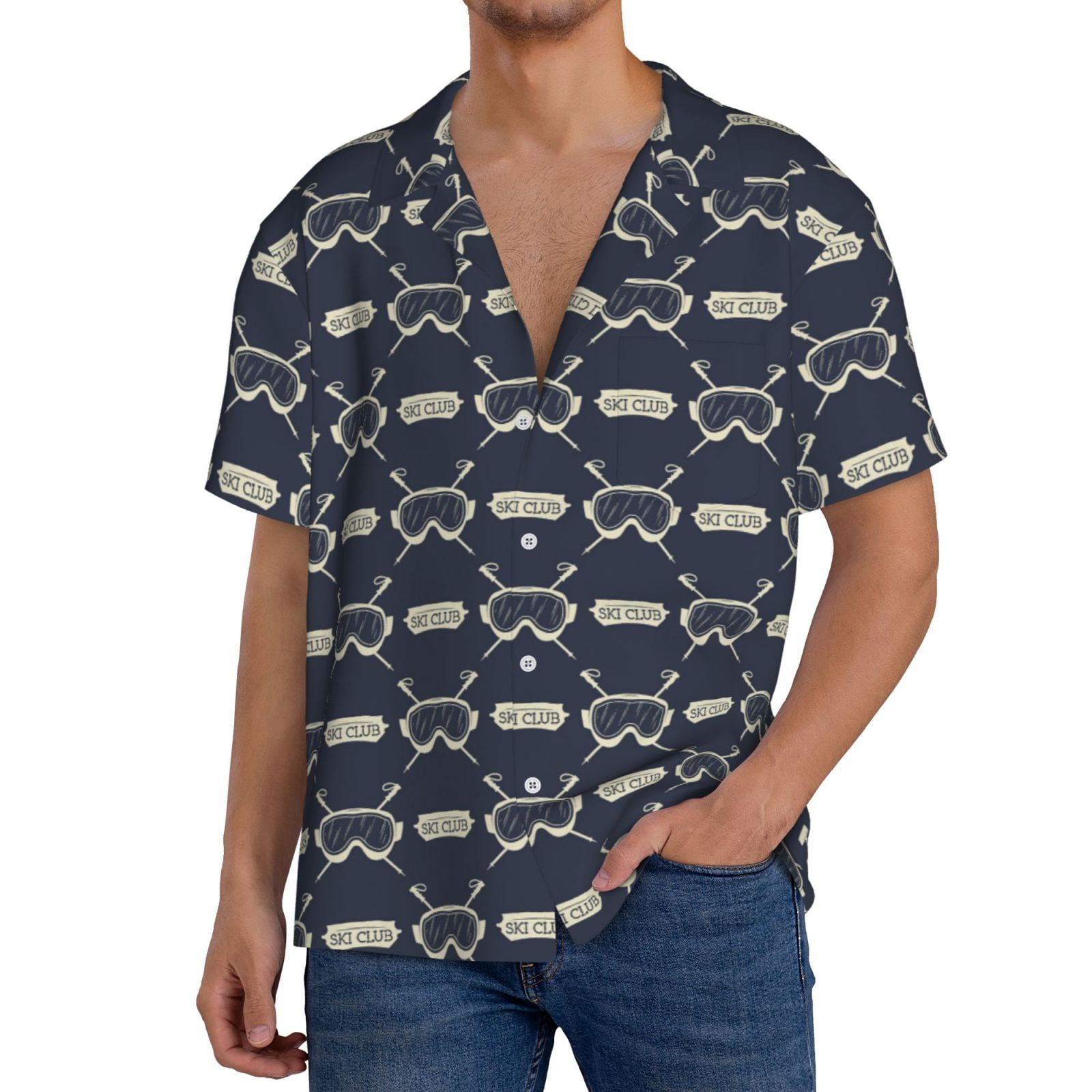 Daiia Ski Goggles Vintage Print Men's Linen Shirts Short Sleeve Casual ...