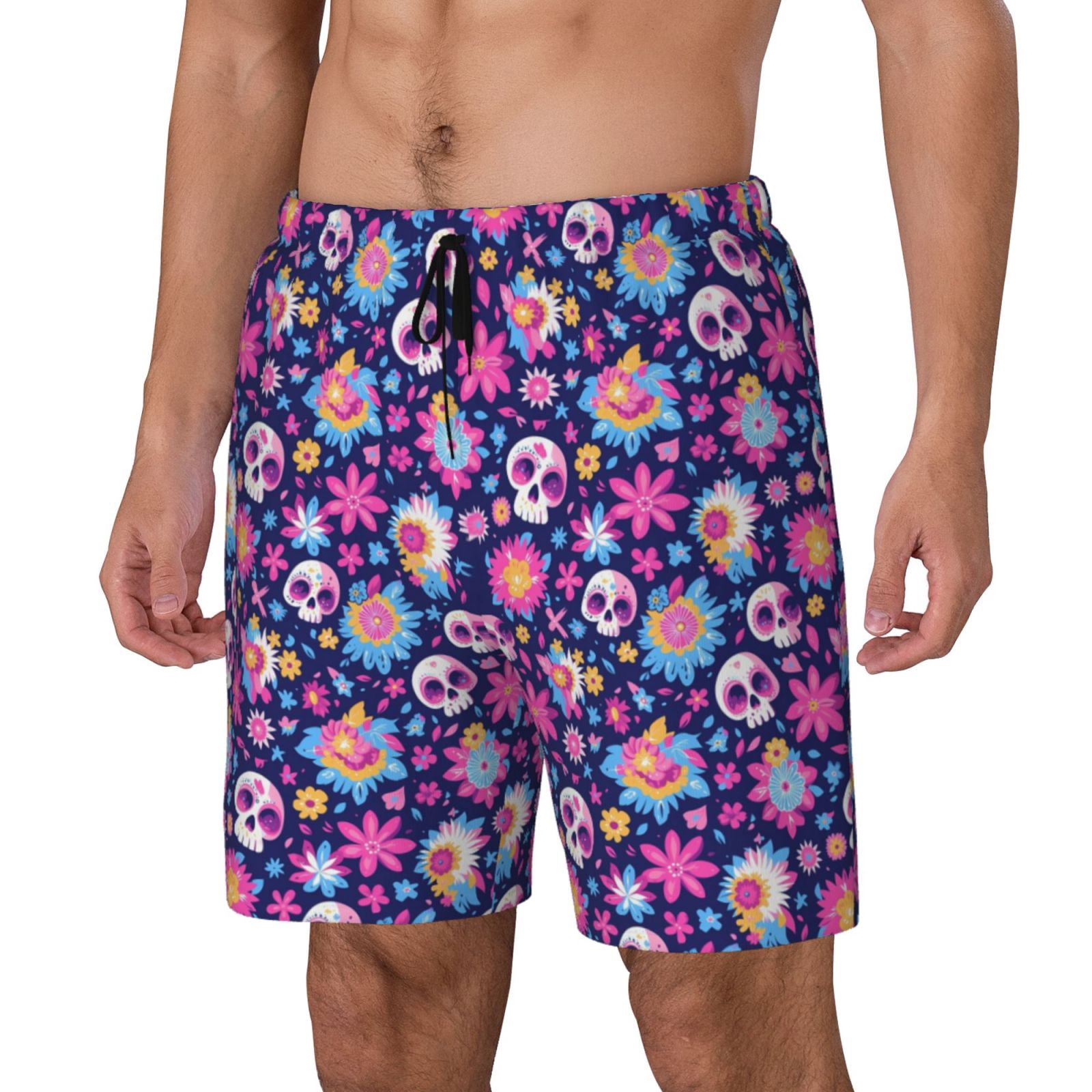 Daiia Skull Blue Flower Mens Swim Trunks Swim Shorts Quick Dry Swim ...