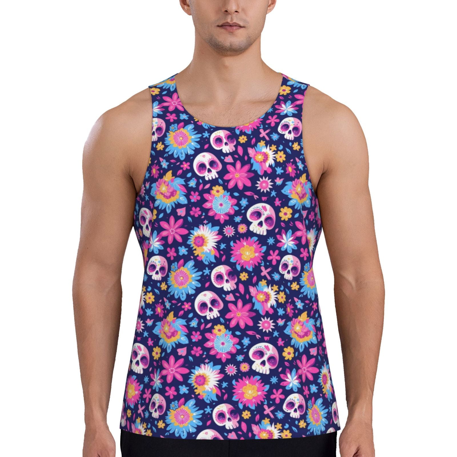 Daiia Skull Blue Flower Printed Men's Quick Dry Fit Muscle Tank Top ...