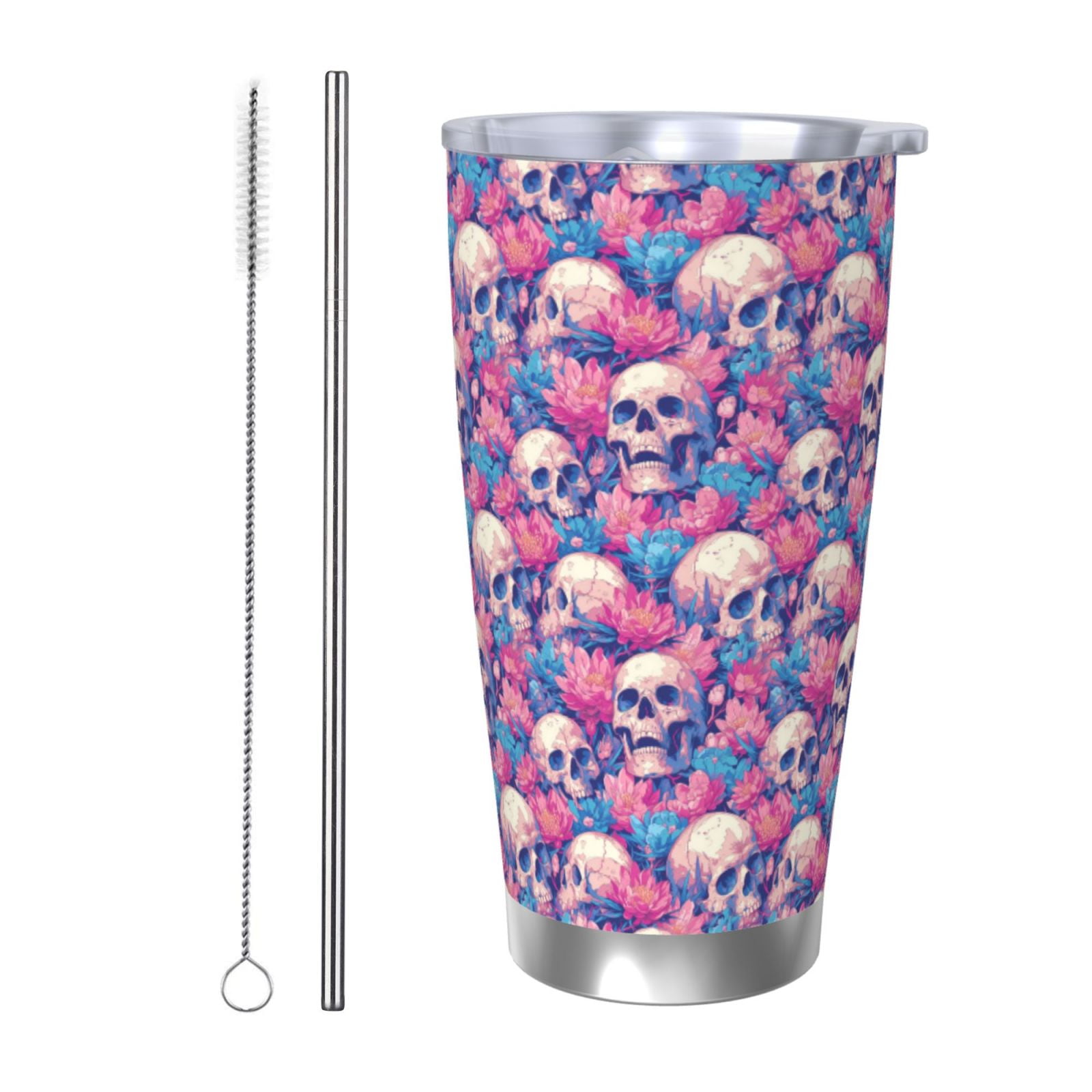 Daiia Skull Printed 20oz Insulated Coffee Cup with Straw Topper, Fully ...