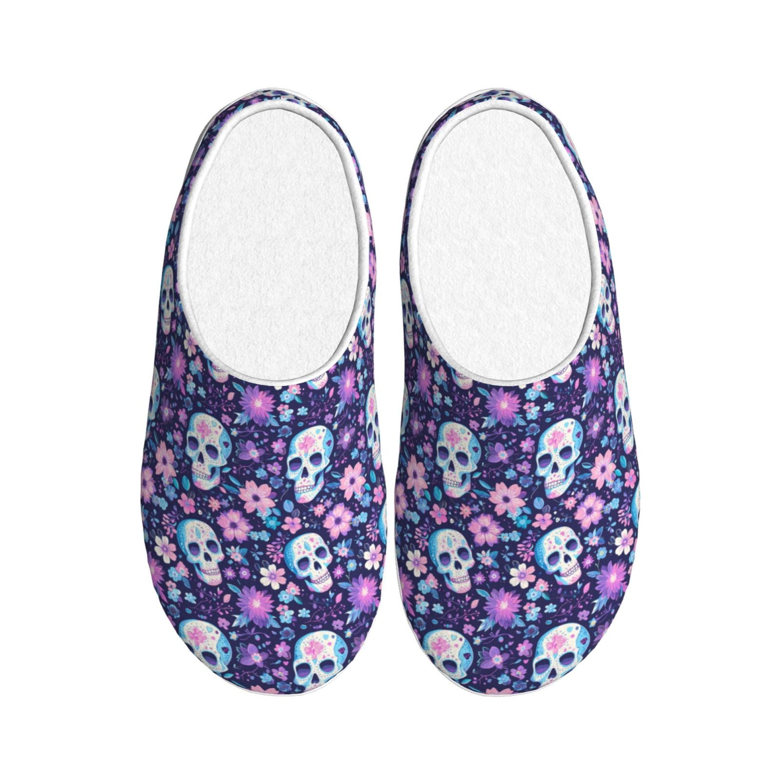Daiia Skull Purple Flower Print Women’s Fuzzy Slippers Memory Foam ...