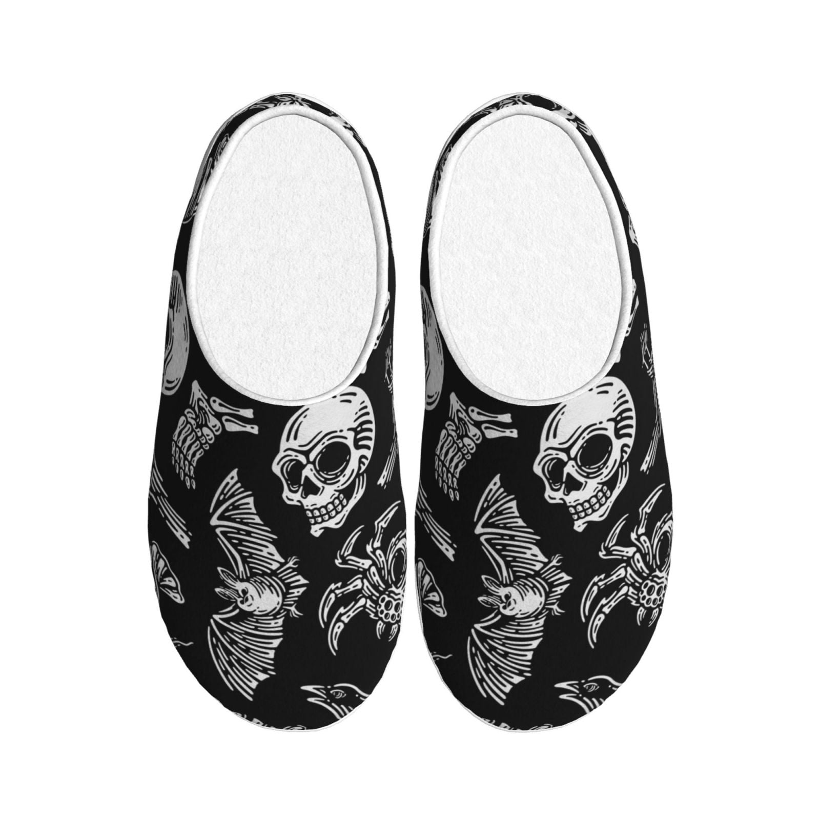Daiia Skull bird bat spider Print Women’s Fuzzy Slippers Memory Foam ...