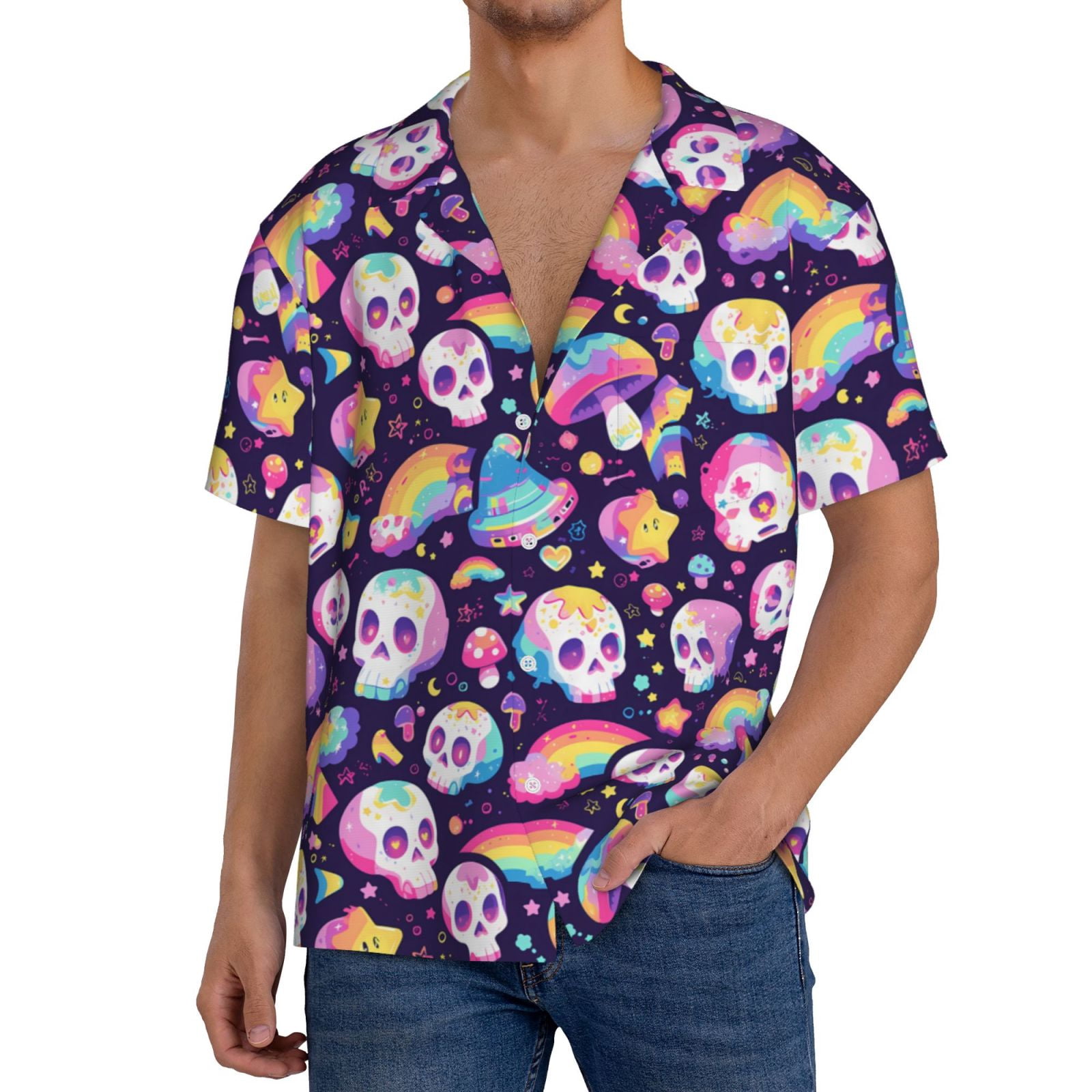 Daiia Skull colorful mushroom rainbow Men's Linen Shirts Short Sleeve ...