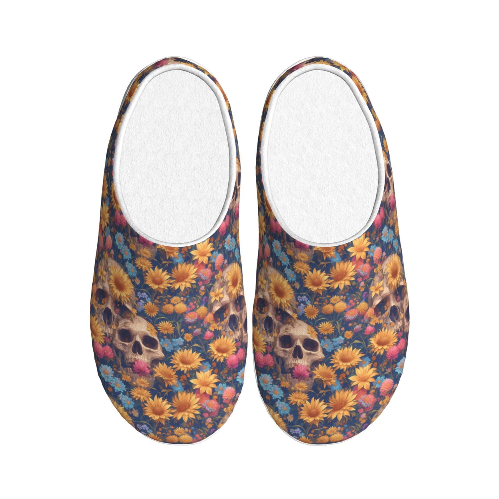 Daiia Skull daisy colorful Print Women’s Fuzzy Slippers Memory Foam ...