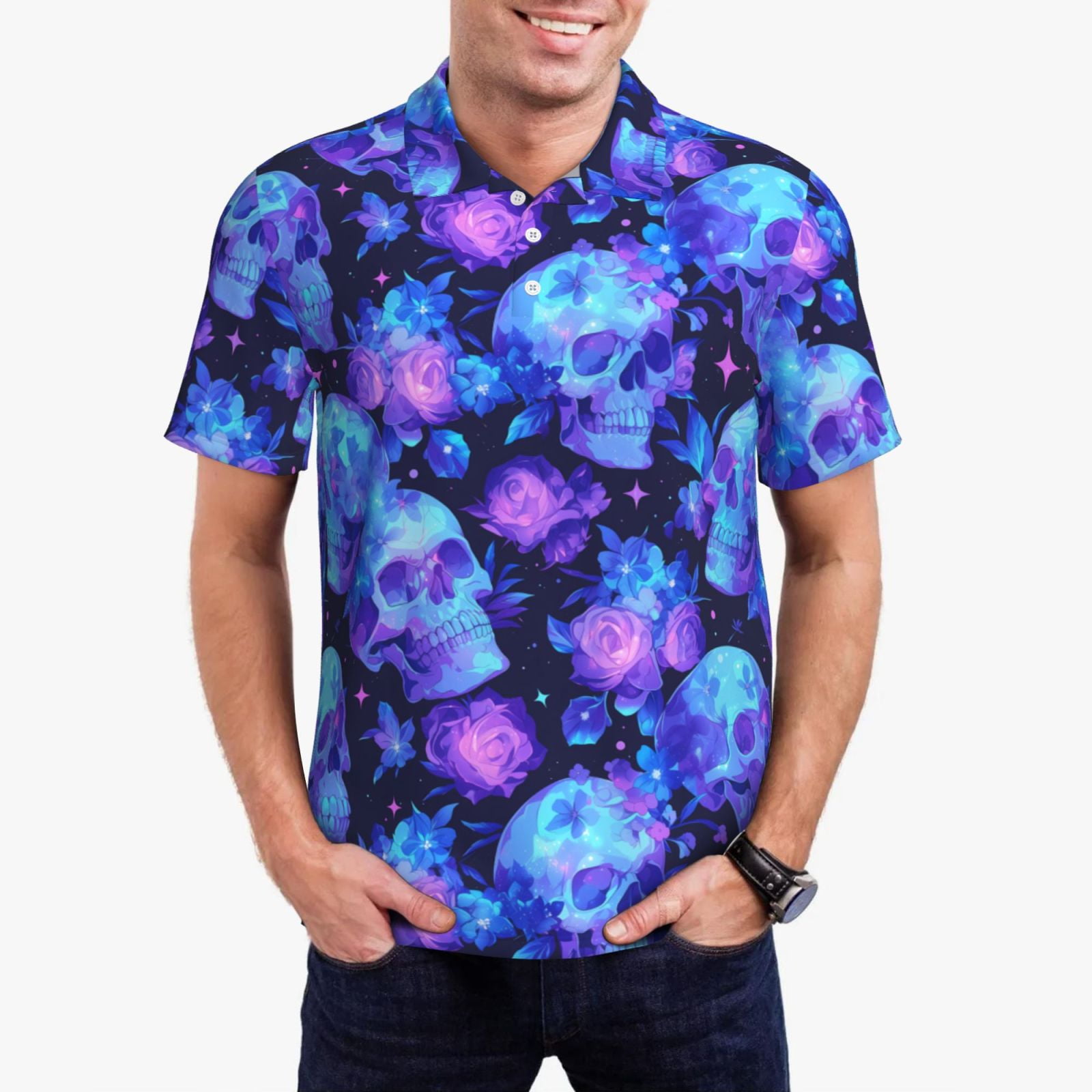 Daiia Skull flower star sky Pattern Men’s Polo Shirts,Solid Deck Shirt ...