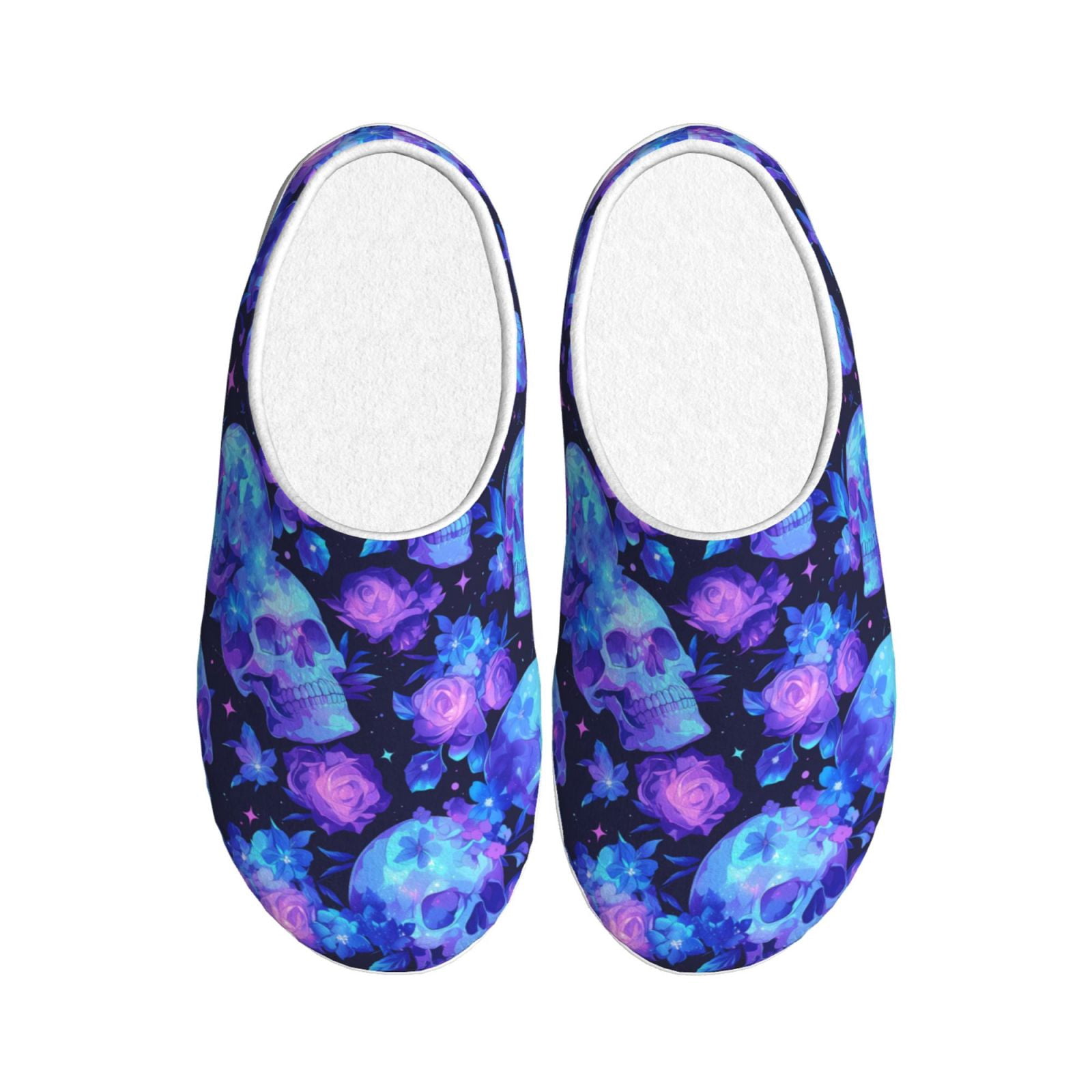 Daiia Skull flower star sky Print Women’s Fuzzy Slippers Memory Foam ...
