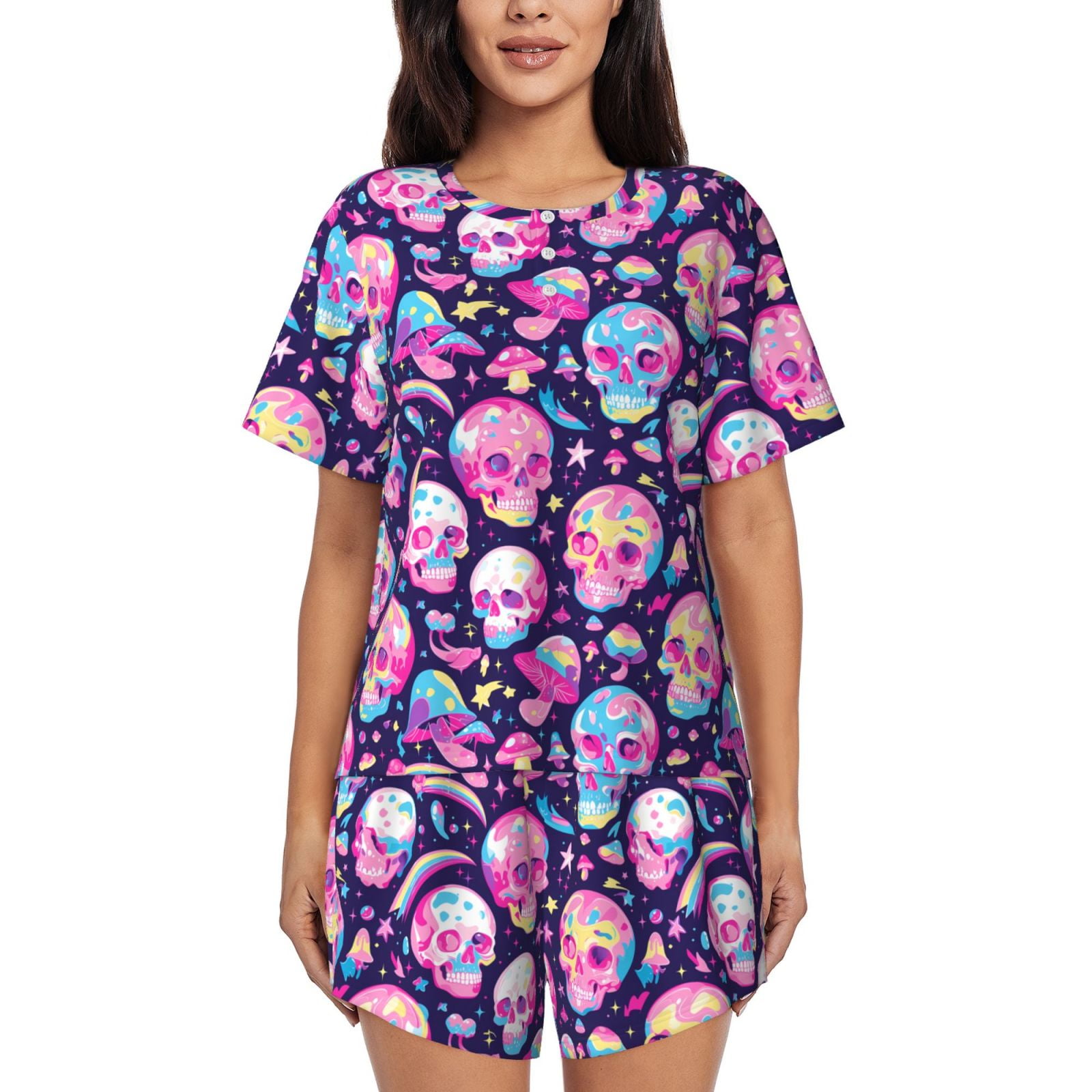 Daiia Skull mushroom colorful cute Pattern Womens Pajama Sets Short ...