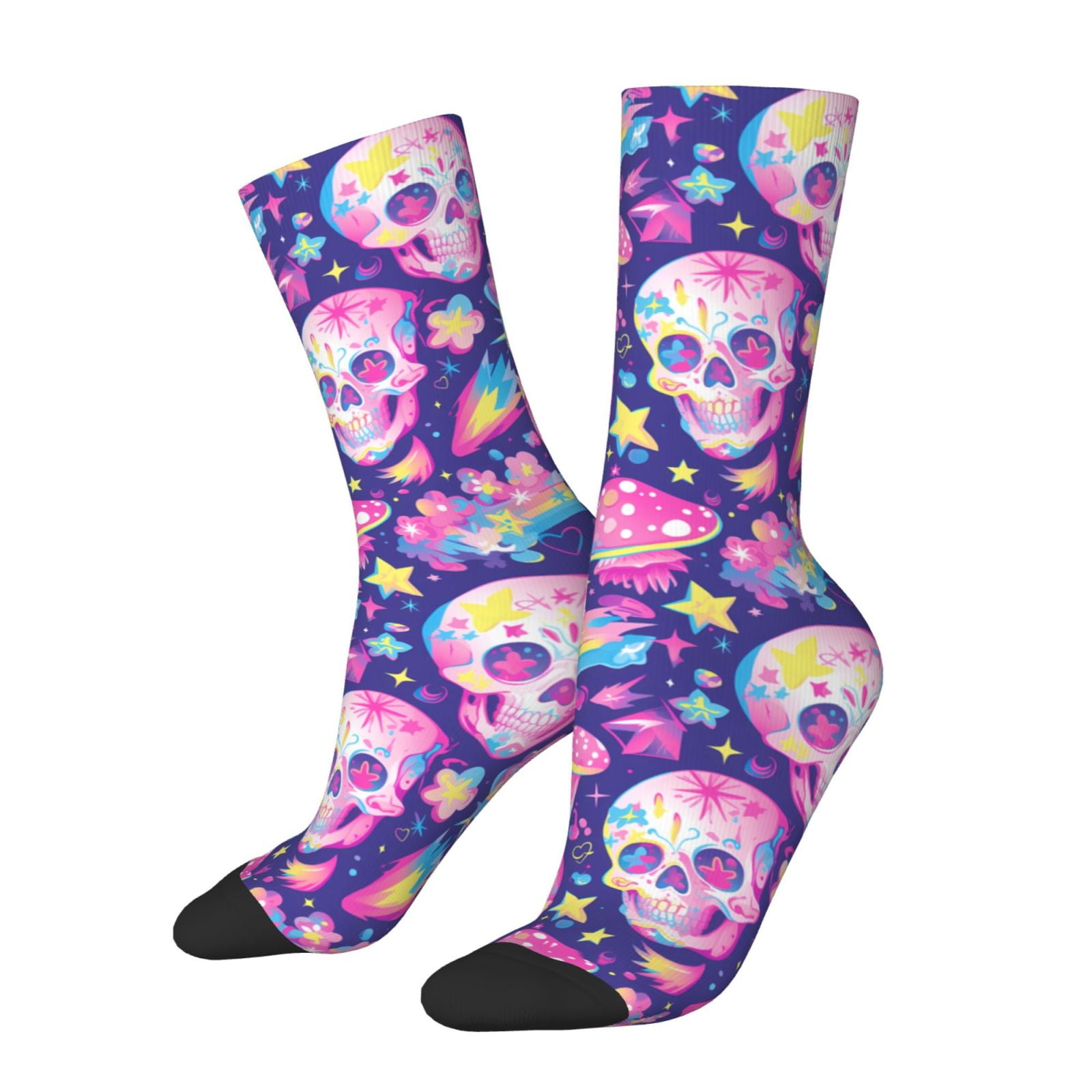 Daiia Skull rainbow mushroom colorful Print Crew Socks – Soft ...