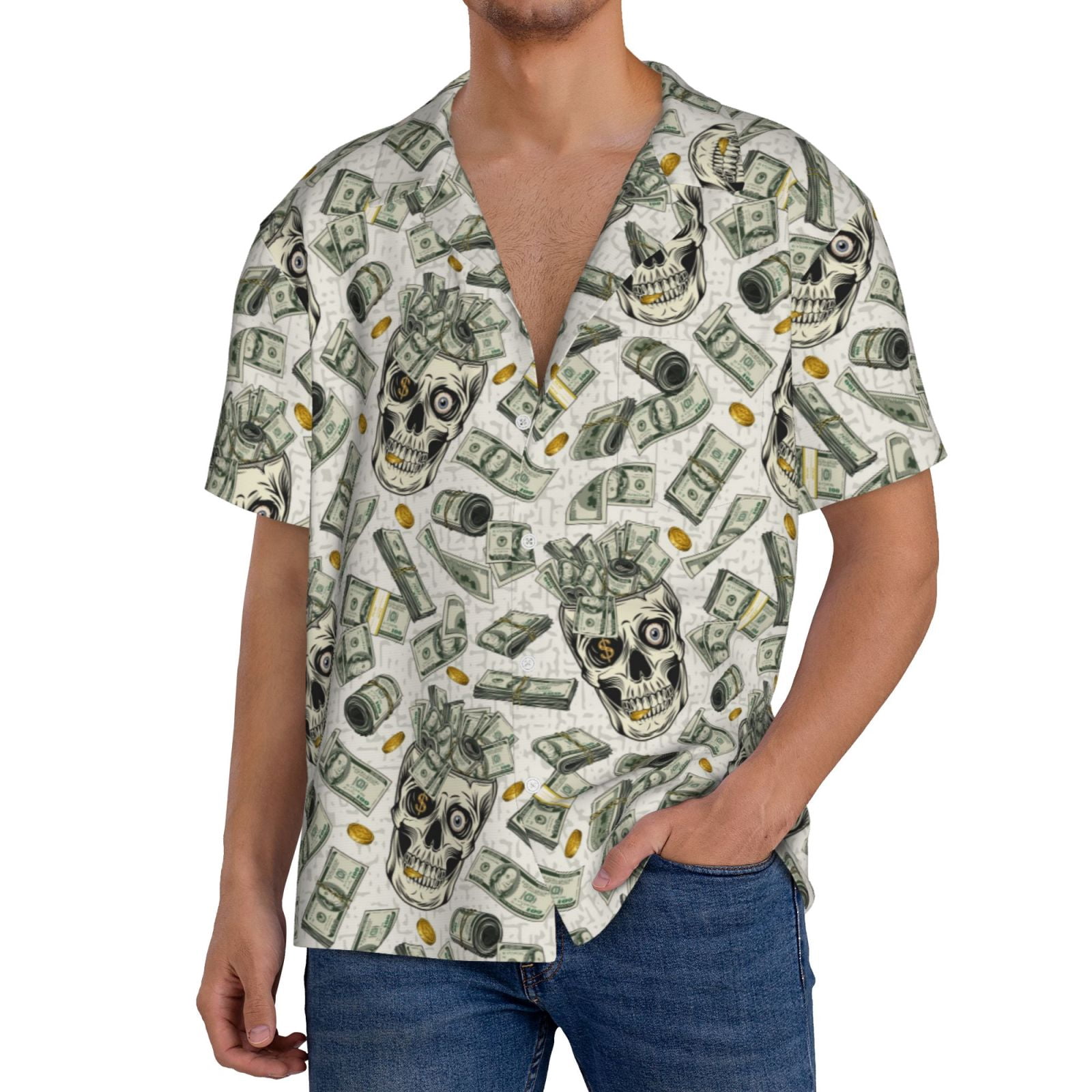 Daiia Skull with Cash Men's Linen Shirts Short Sleeve Casual Shirts ...
