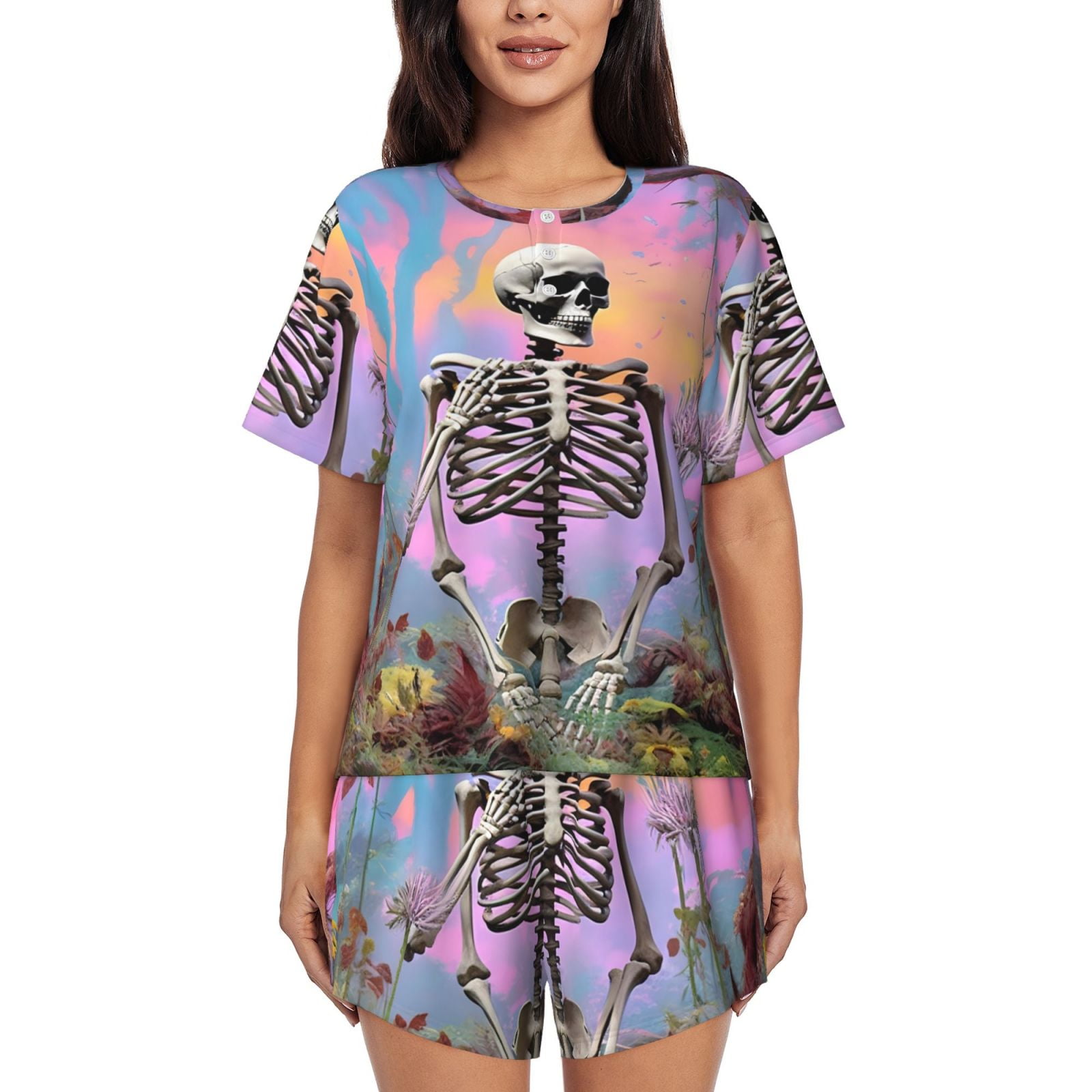 Daiia Sky Sunflower Skull Pattern Womens Pajama Sets Short Sleeve ...