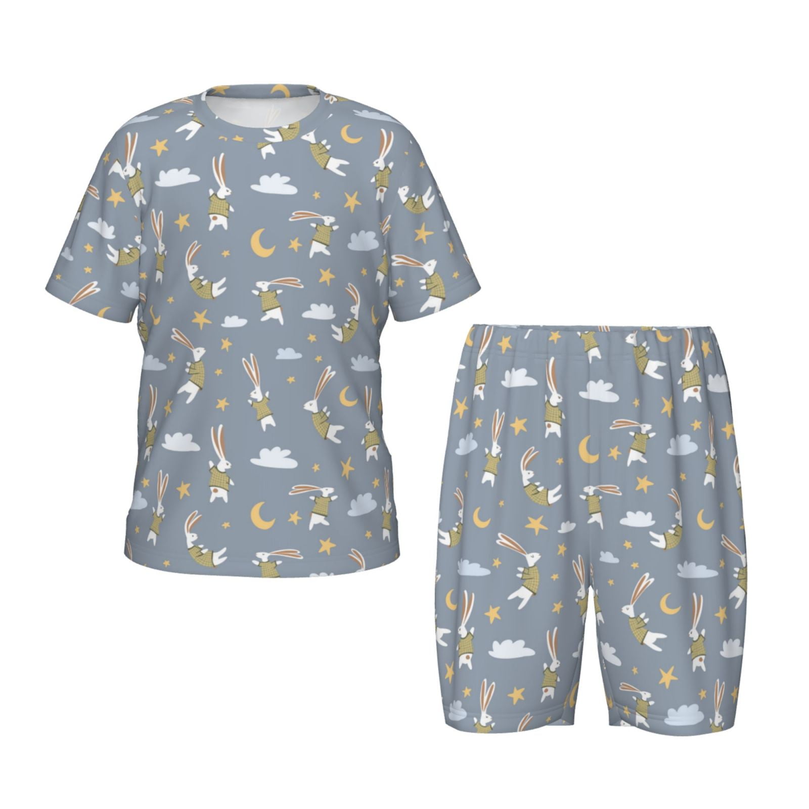 Daiia Sleep Rabbit Print Children’s Cotton Pajama Set – Short-Sleeved Top & Shorts, Lightweight ...