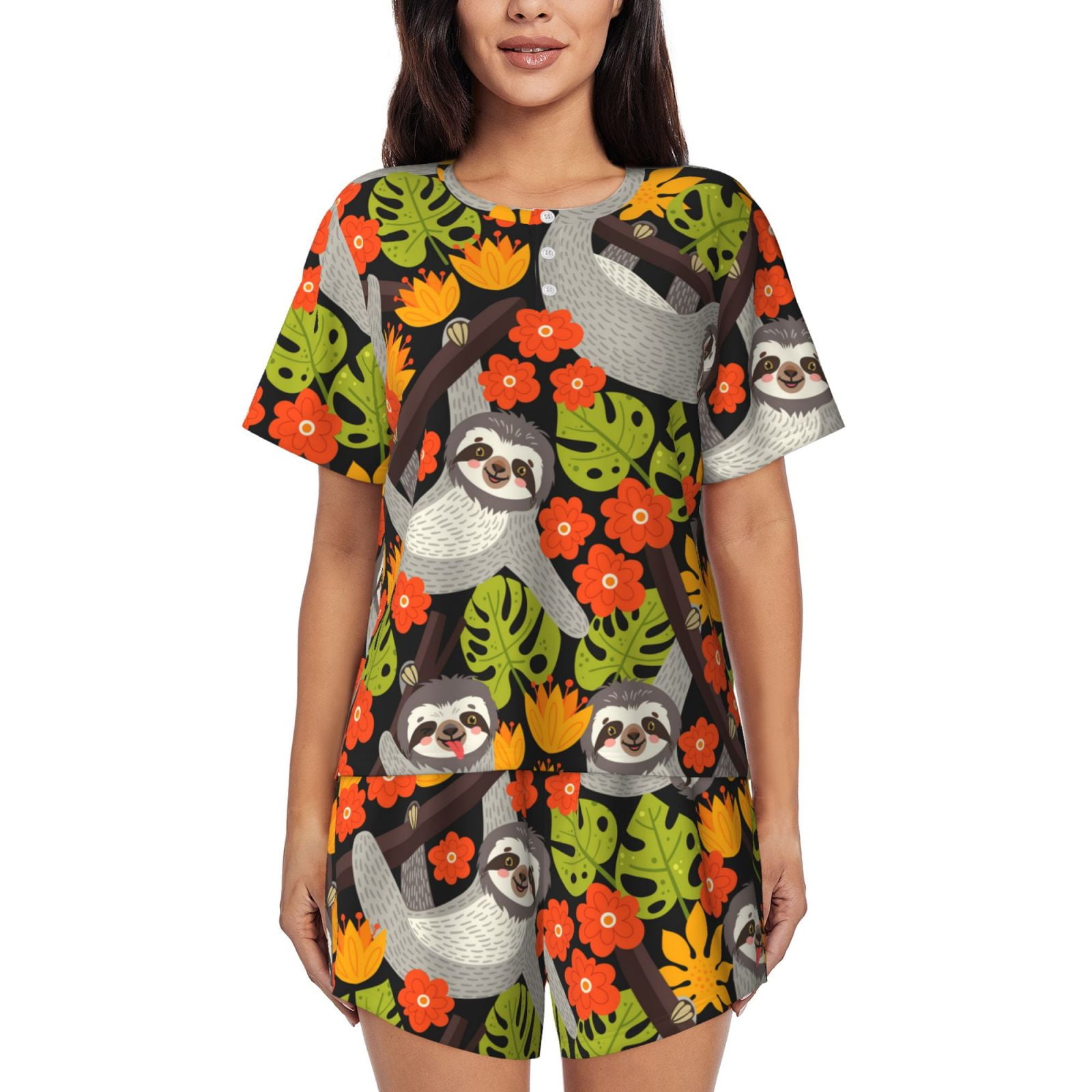 Daiia Sloth on the Branch Pattern Womens Pajama Sets Short Sleeve ...