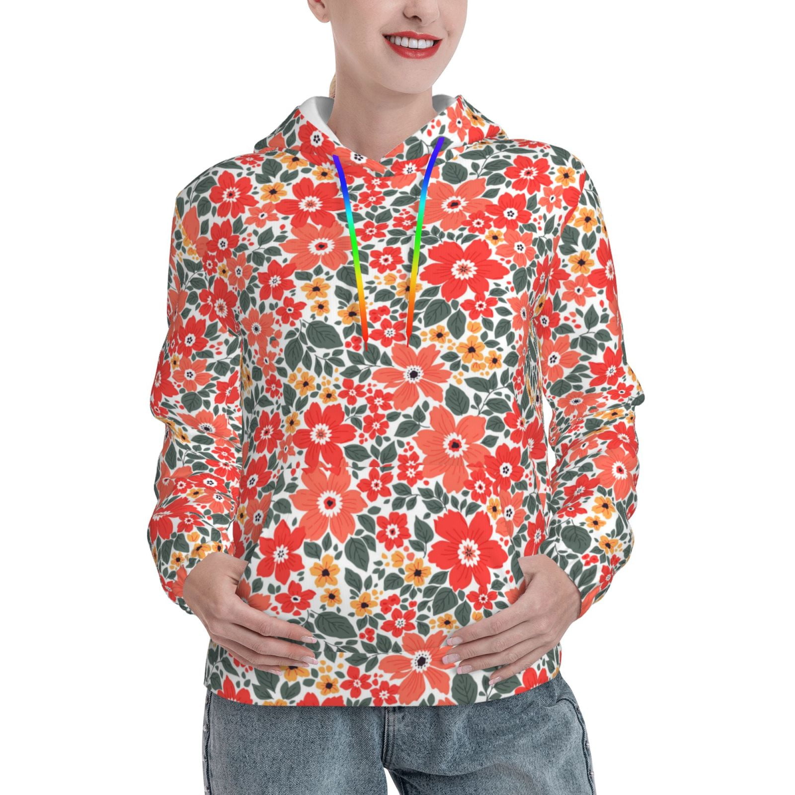 Daiia Small Coral Red Flowers Pattern Women's Fashion Hoodies ...